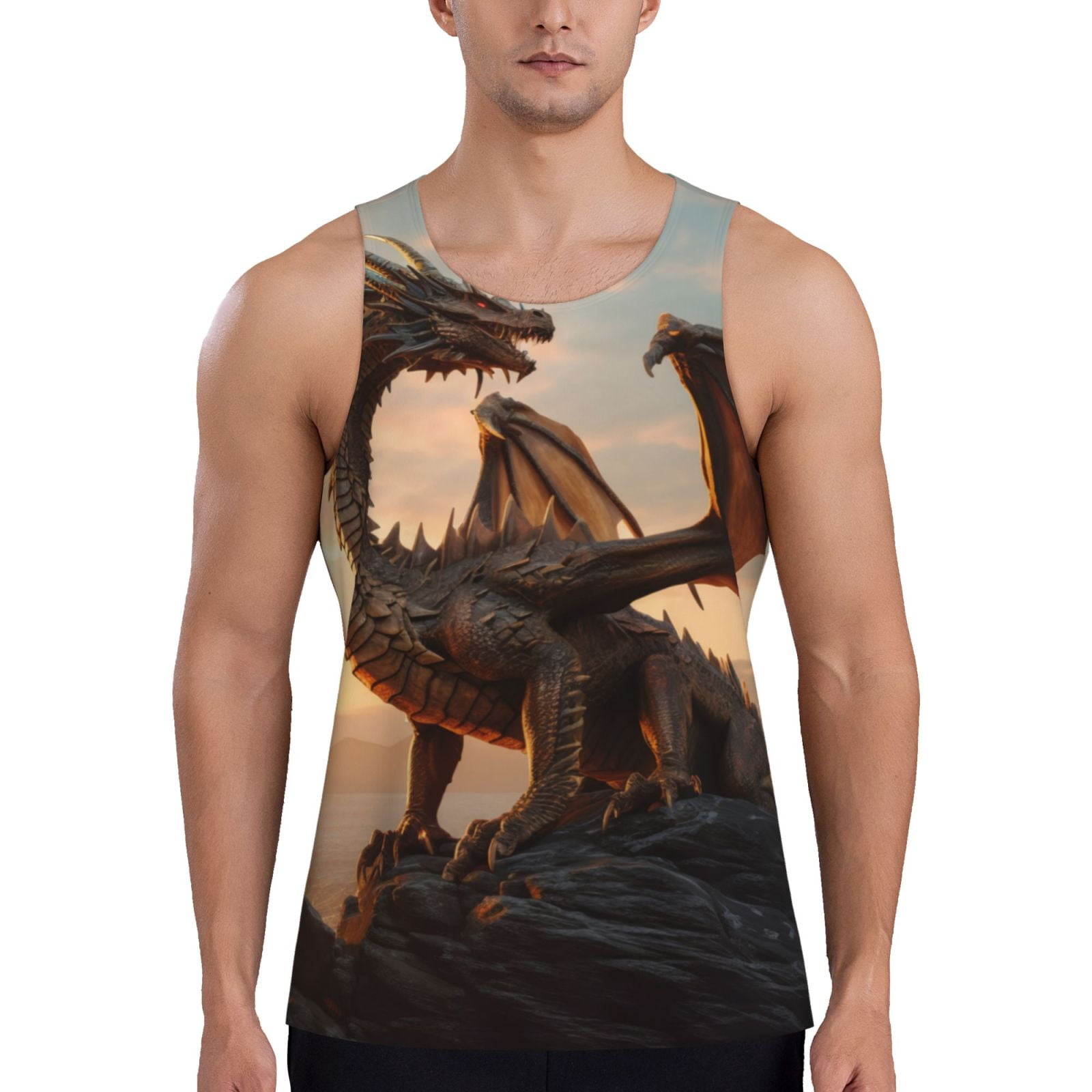 Susaid Sky Sunset Bronze Dragon Print Men's Sleeveless Workout Running Tank Top Dry Fit Athletic ...