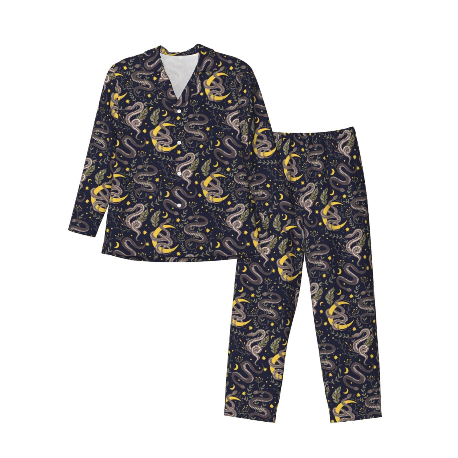 Susaid Snake Sleep Print Men's Long Sleeve Pajama Set, Two-Piece Button ...