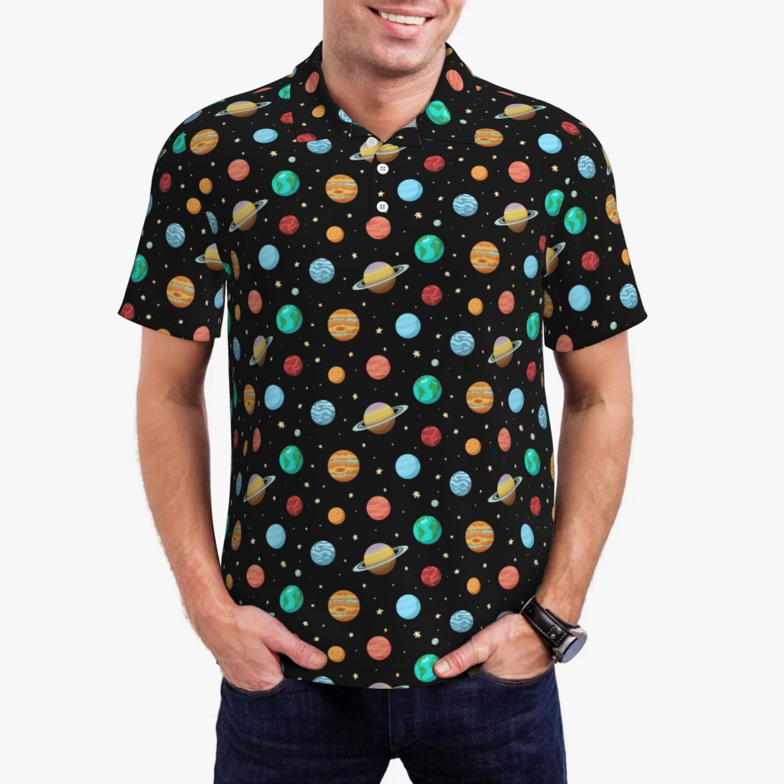 Susaid Solar System Planets Space Print Men's Short Sleeve Polo Shirt ...