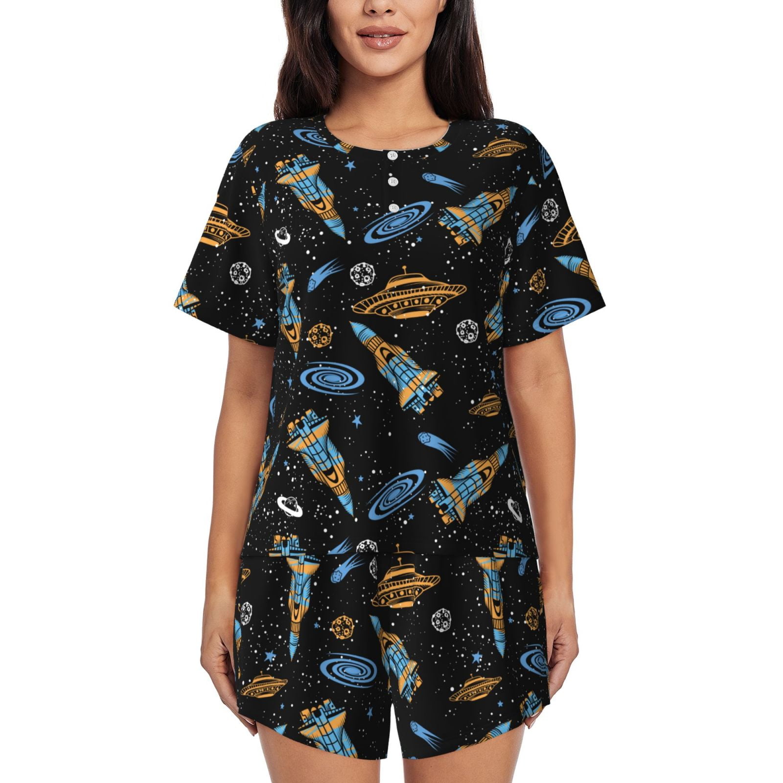 Susaid Space Rocket Print Women's Pajama Set, Button-Up Sleepwear with ...