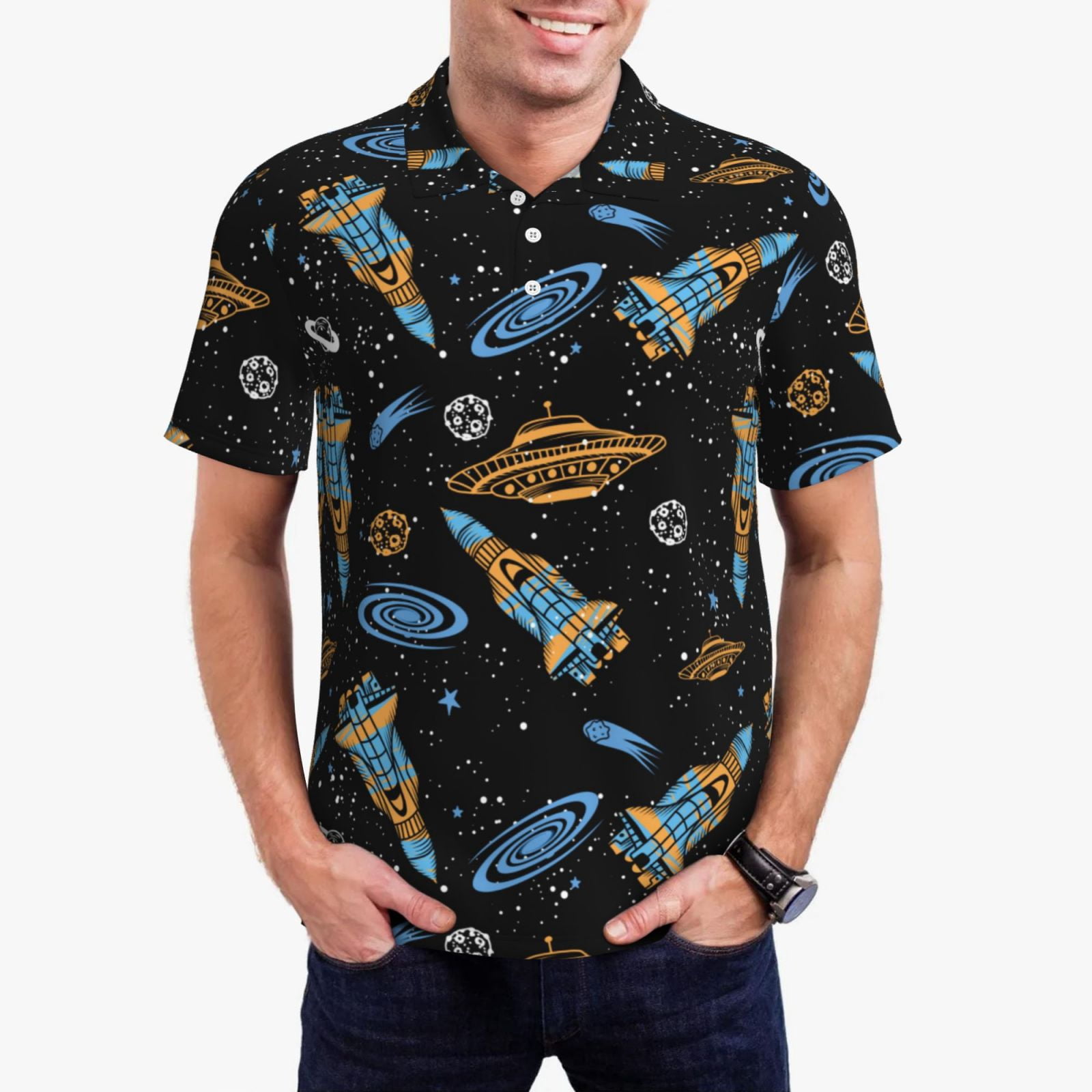 Susaid Space Rockets Print Men's Short Sleeve Polo Shirt, Golf Shirts ...