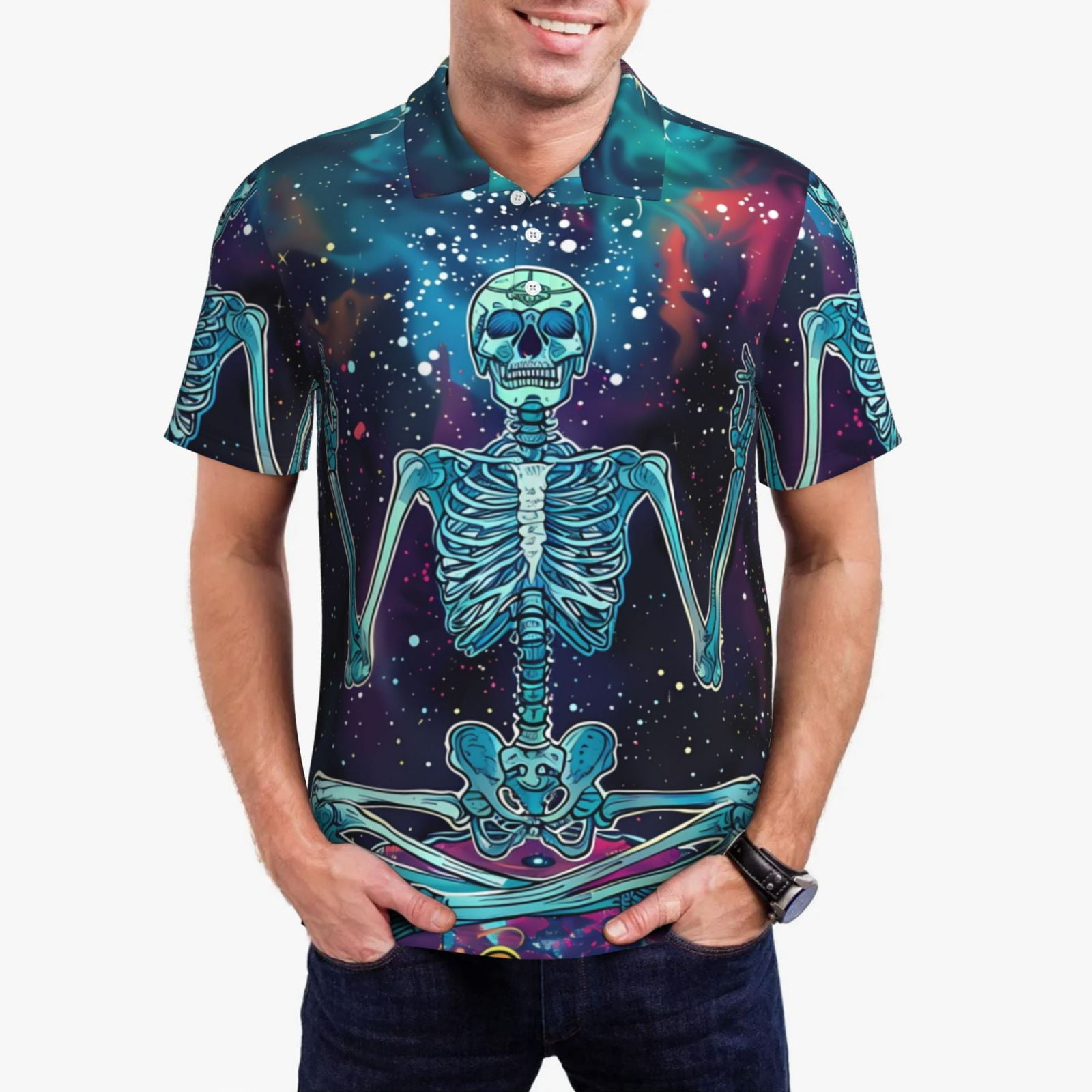 Susaid Space Skeleton Meditation Print Men's Short Sleeve Polo Shirt ...