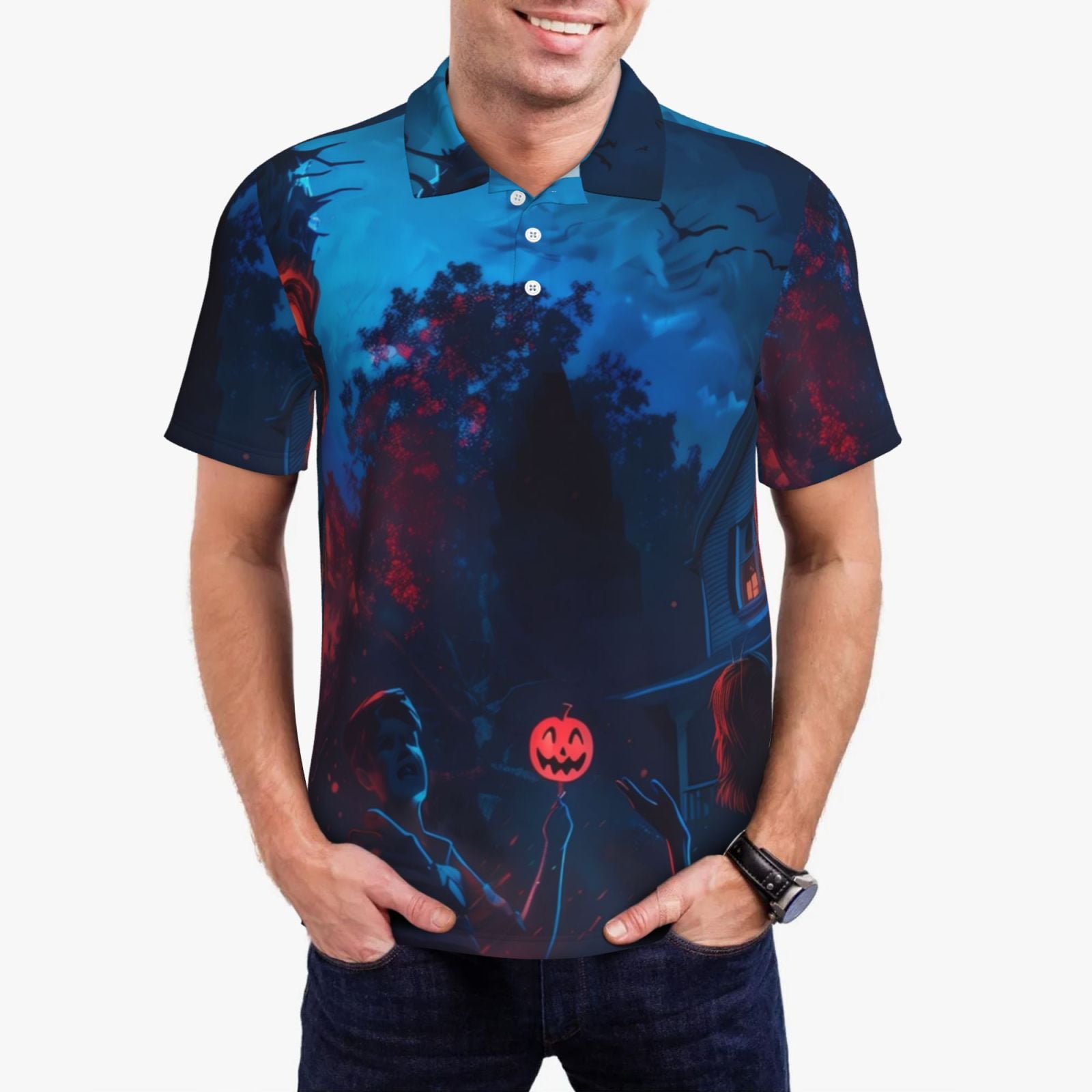 Susaid Spooky Halloween Night Scene Print Men's Short Sleeve Polo Shirt ...