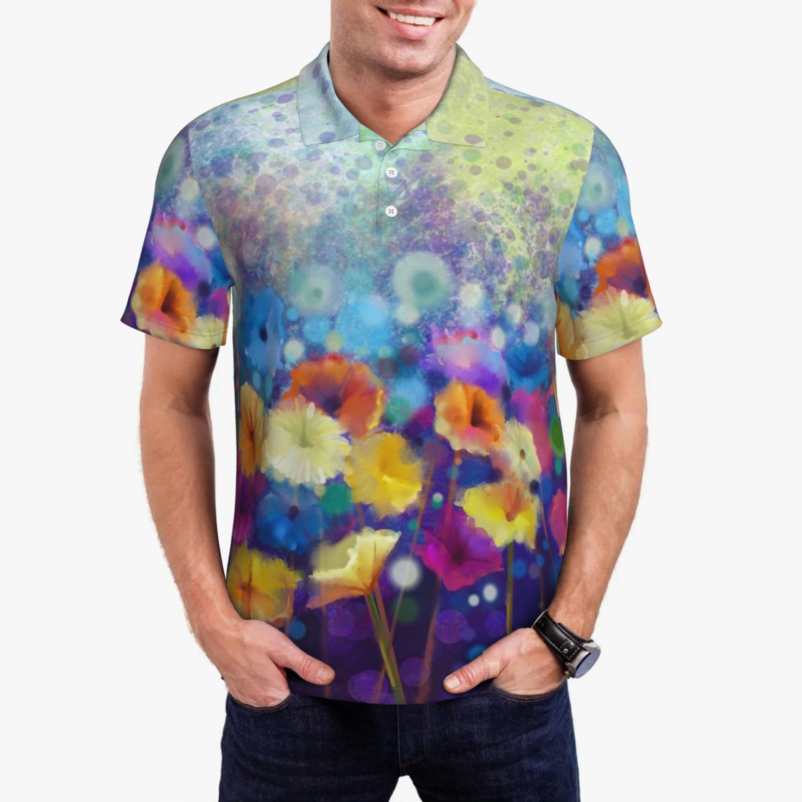 Susaid Spring Flower Seasonal Print Men's Short Sleeve Polo Shirt, Golf ...