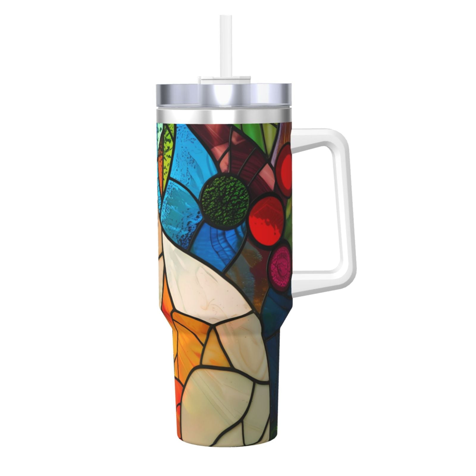 Susaid Stained Glass Cat Art Print Indoor Outdoor Straw Lid 40oz Ice ...