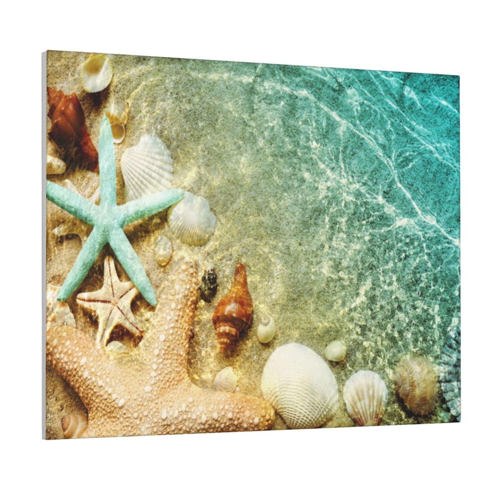 Susaid Starfish And Seashell Pattern Canvas Wall Decor Poster Framed Artwork Decoration for ...