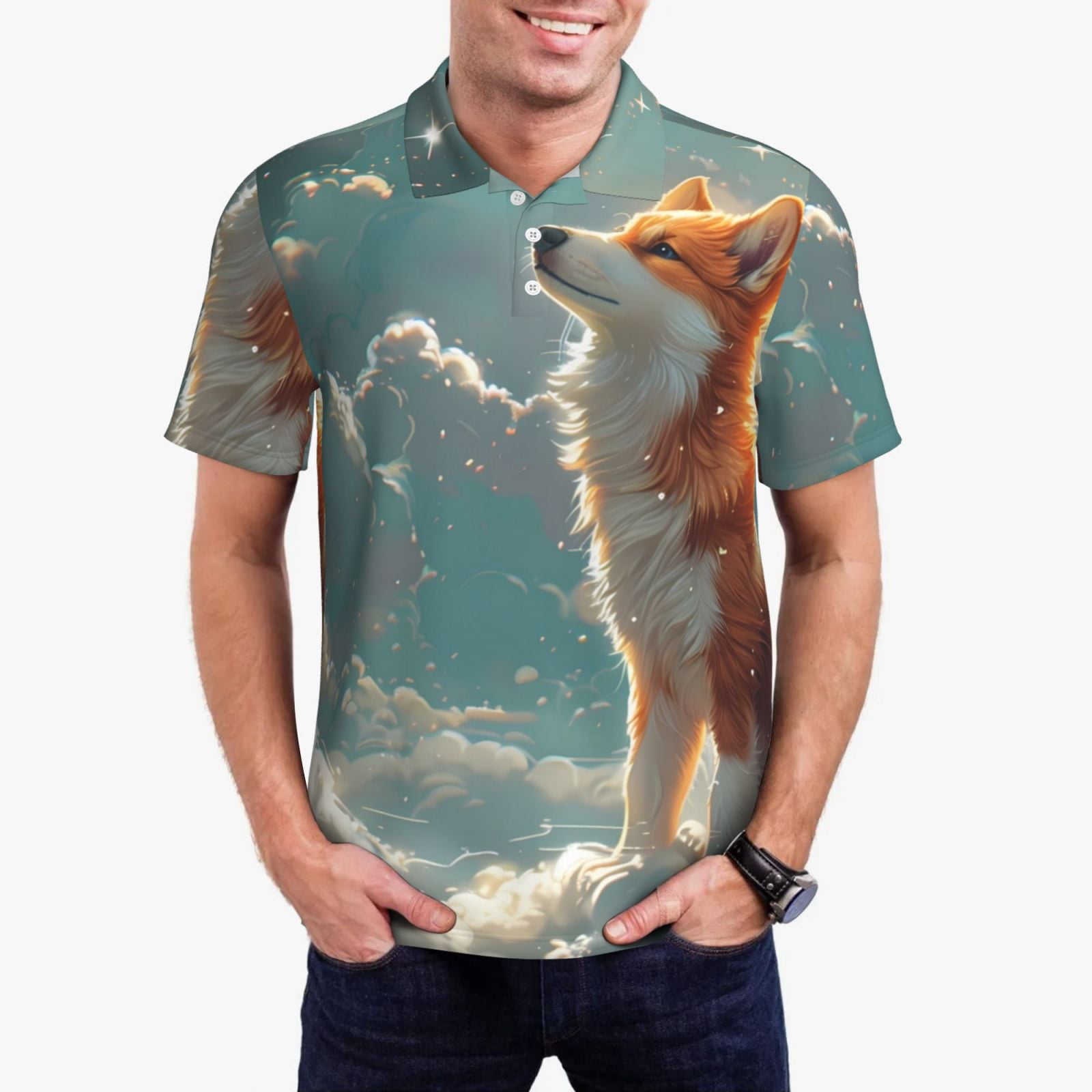 Susaid Starry Sky Cloud Fox Print Men's Short Sleeve Polo Shirt, Golf ...