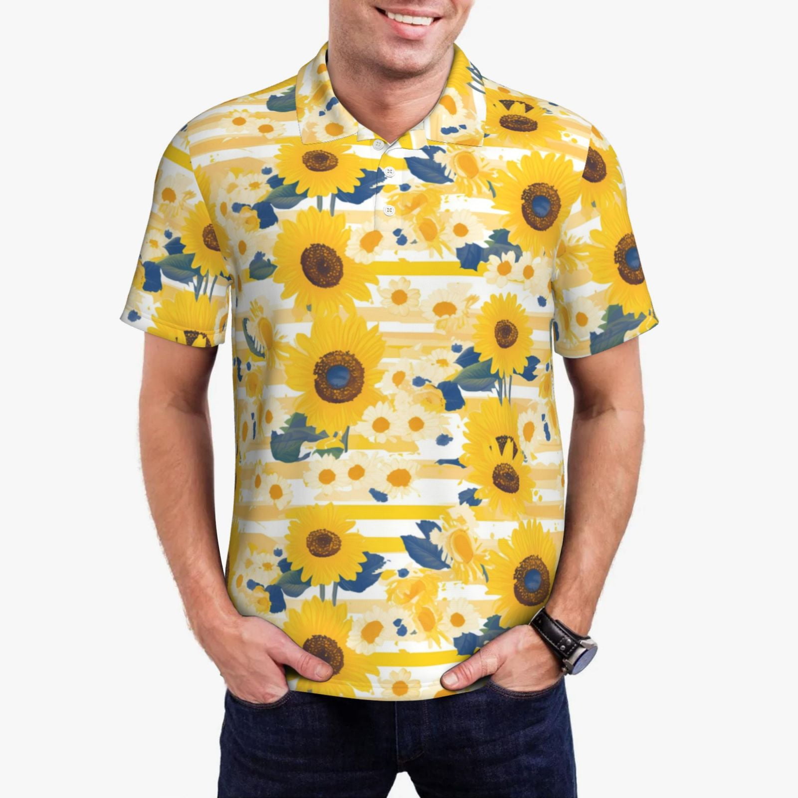 Susaid Striped Sunflower Daisy Print Men's Short Sleeve Polo Shirt ...