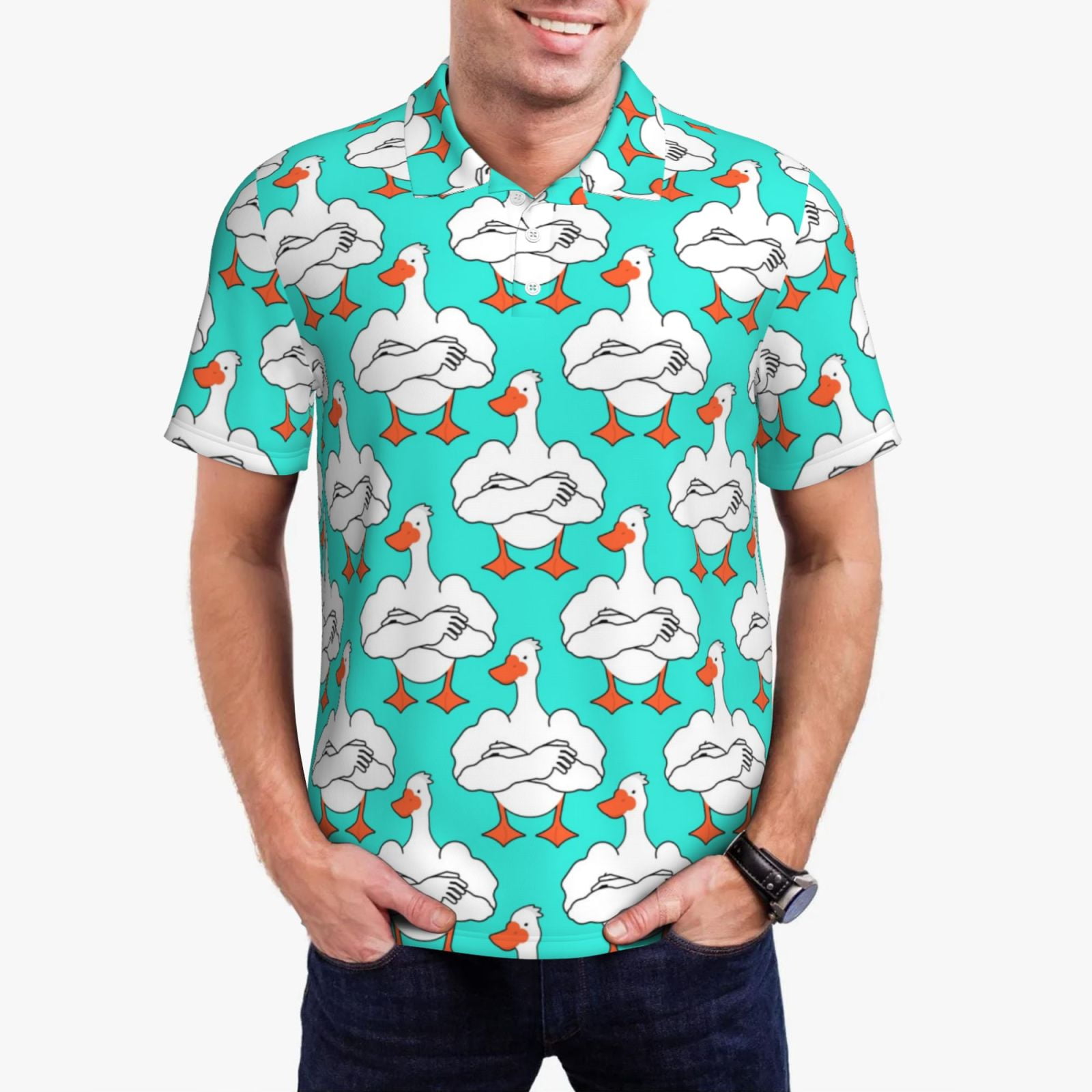 Susaid Strong Goose Print Men's Short Sleeve Polo Shirt, Golf Shirts ...