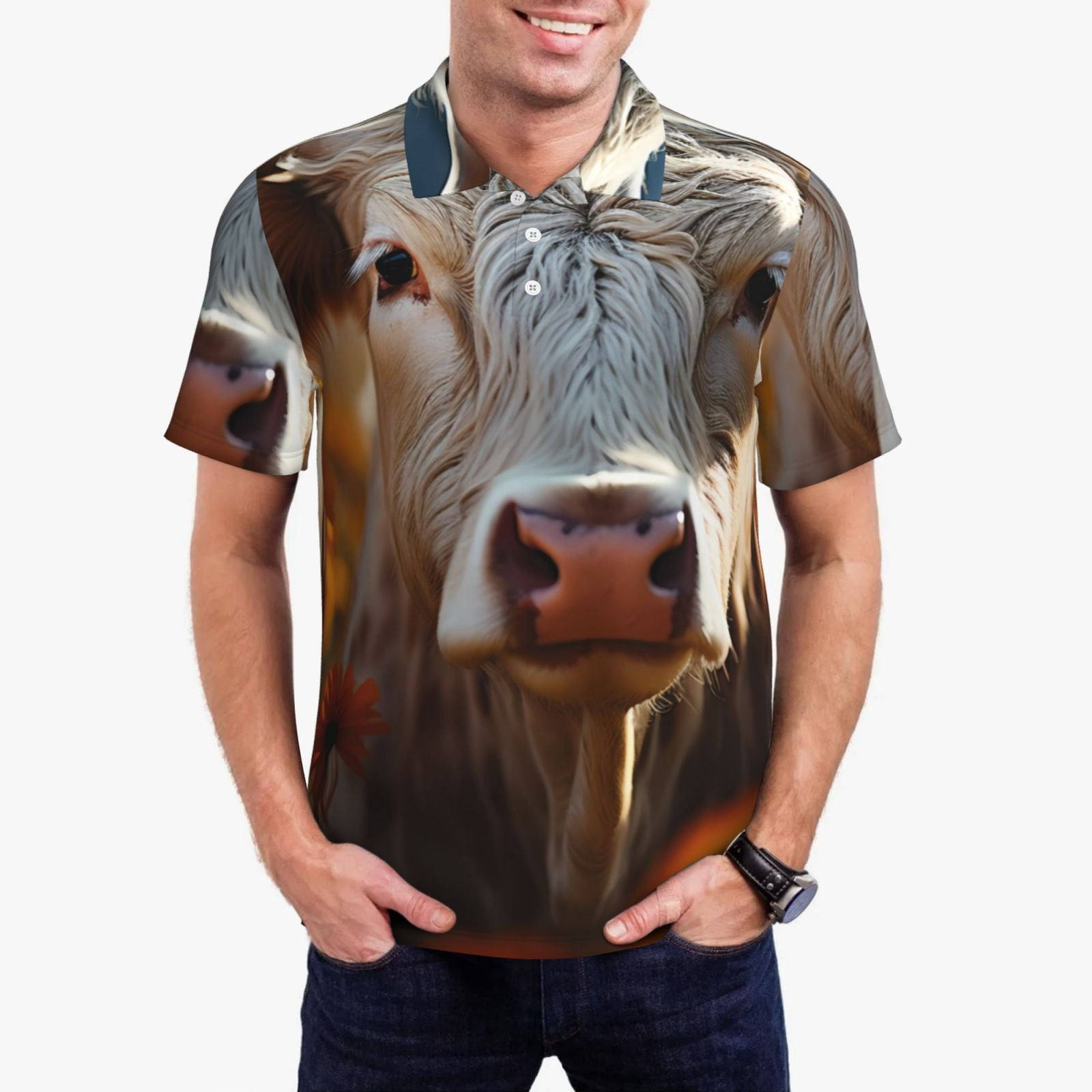 Susaid Sunflower Cow In Flower Field Print Men's Short Sleeve Polo ...