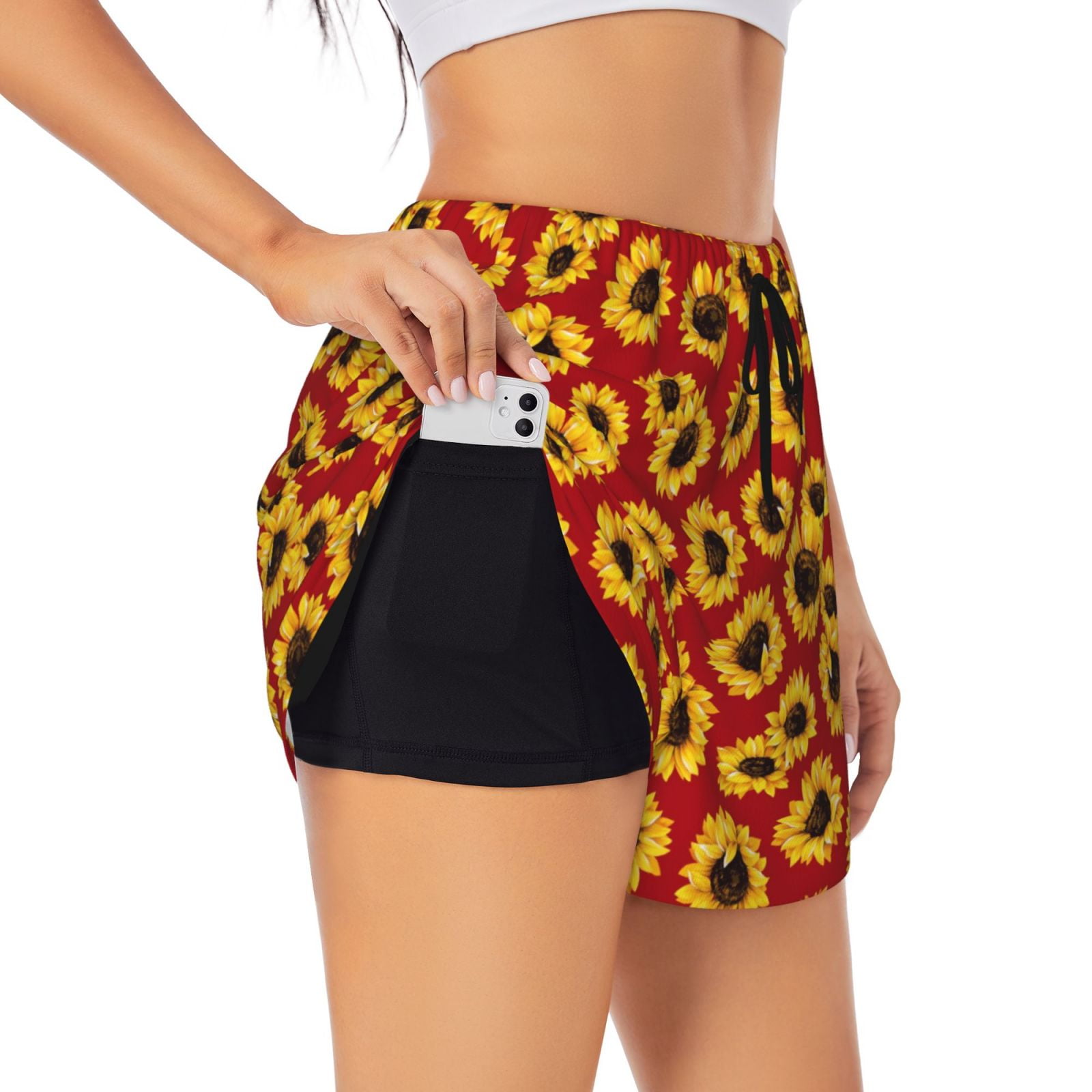 Susaid Sunflowers On Red Print Women's High Waisted Running Shorts Quick Dry Athletic Gym Track ...