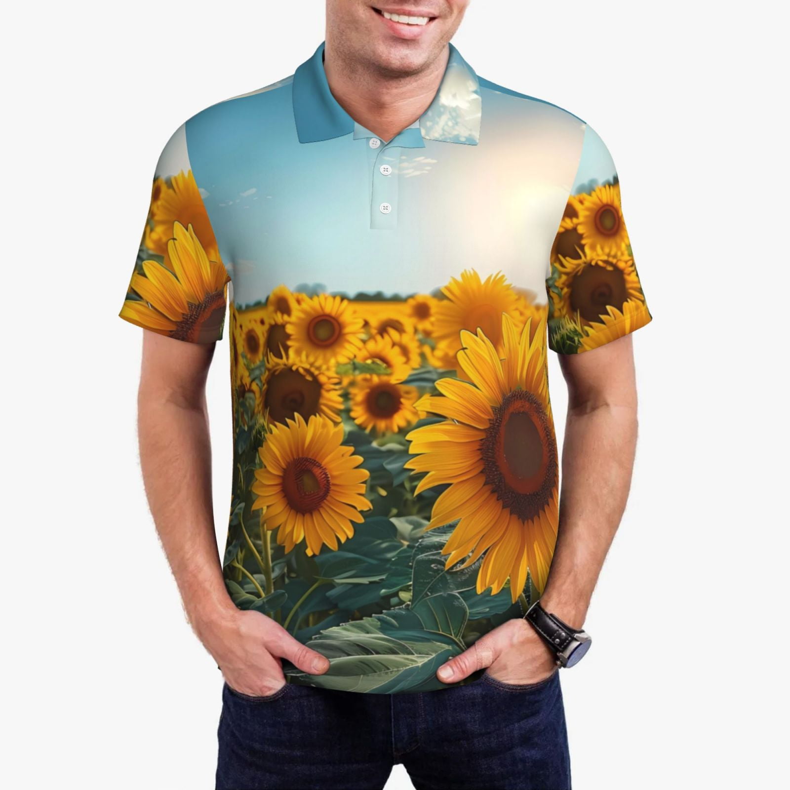 Susaid Sunlit Sunflower Field Print Men's Short Sleeve Polo Shirt, Golf ...