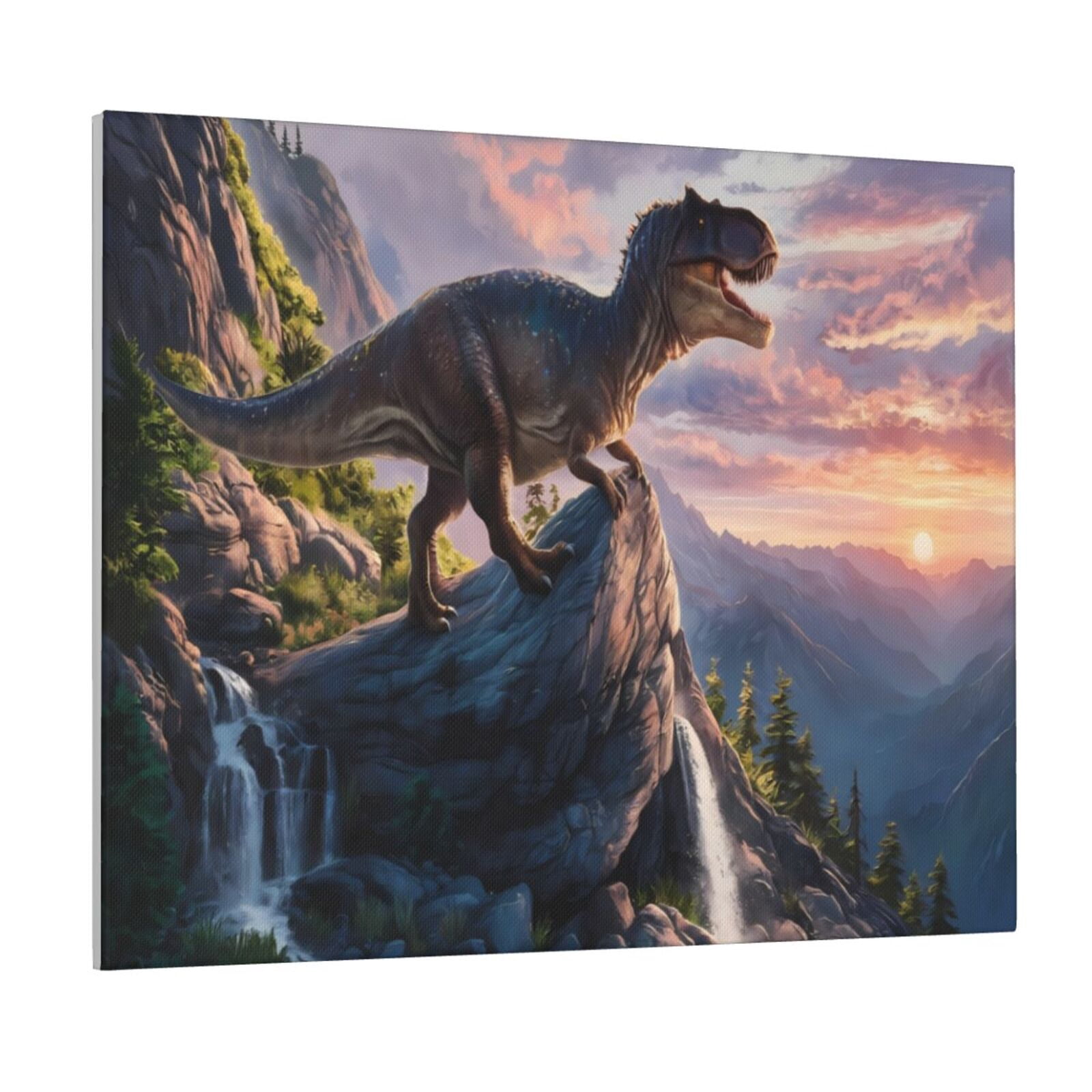 Susaid Sunset Cliff Dinosaur Pattern Canvas Wall Decor Poster Framed ...