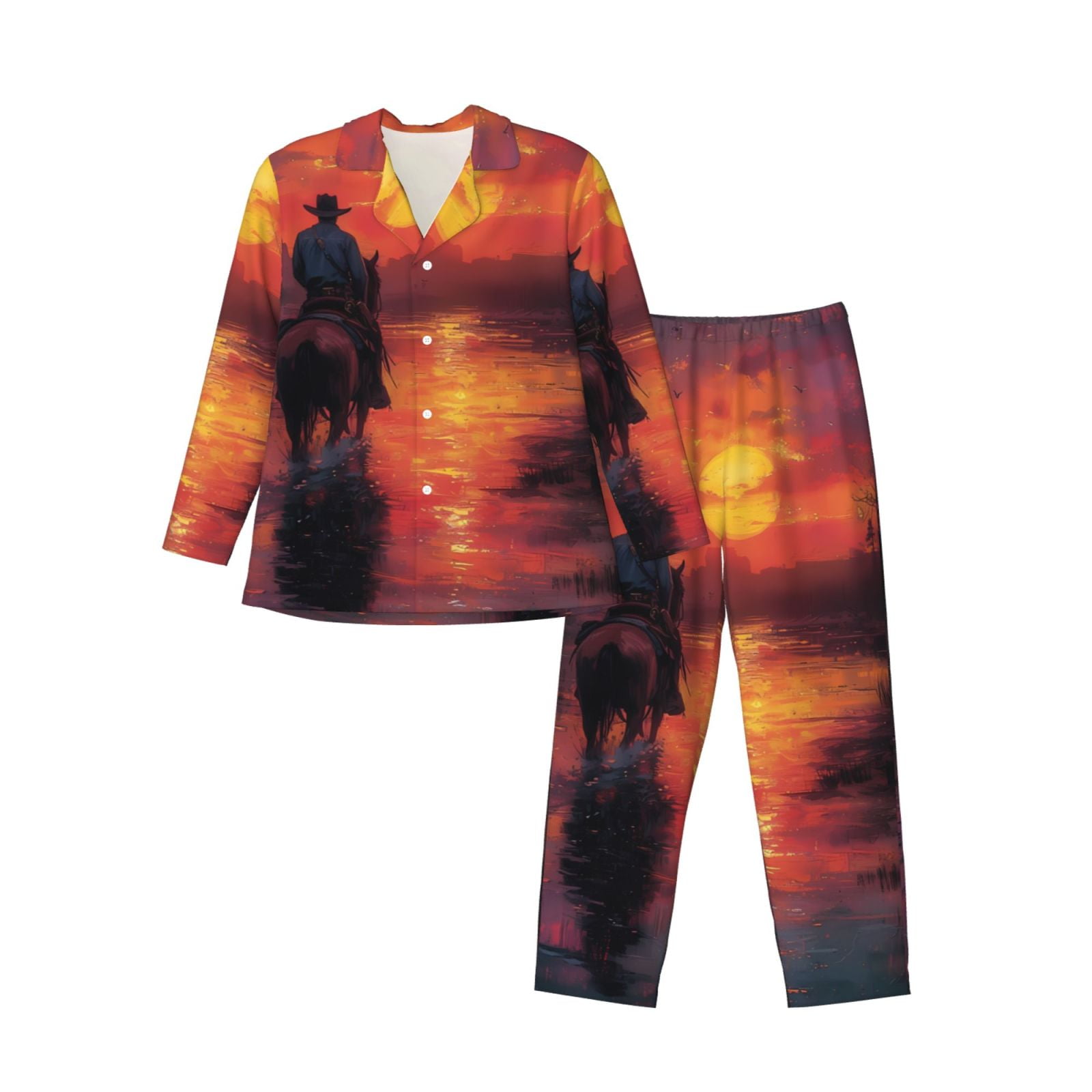 Susaid Sunset River Western Cowboy Print Men's Long Sleeve Pajama Set ...