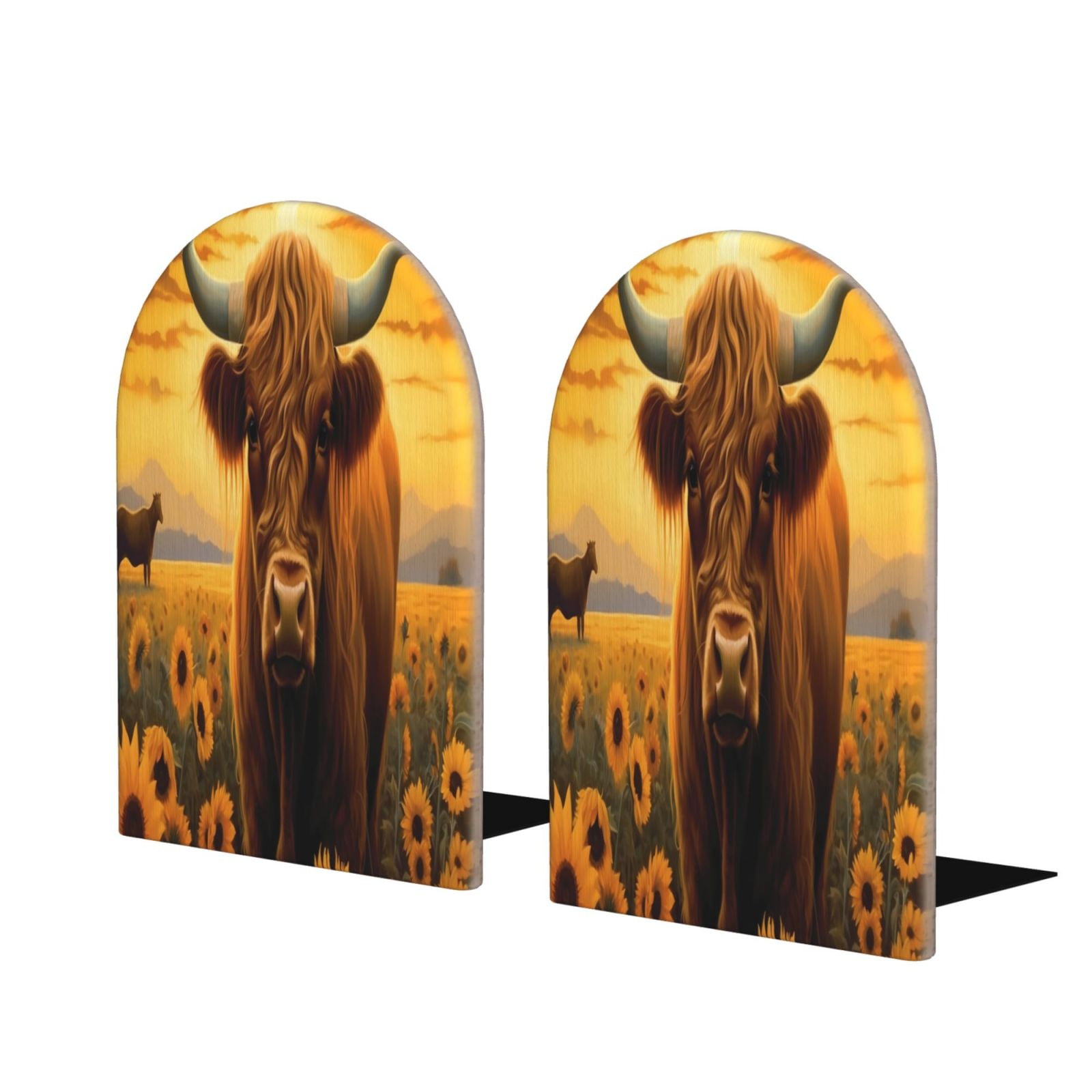 Susaid Sunset Sunflower Cow A Print Wooden Bookends Decorative Book ...