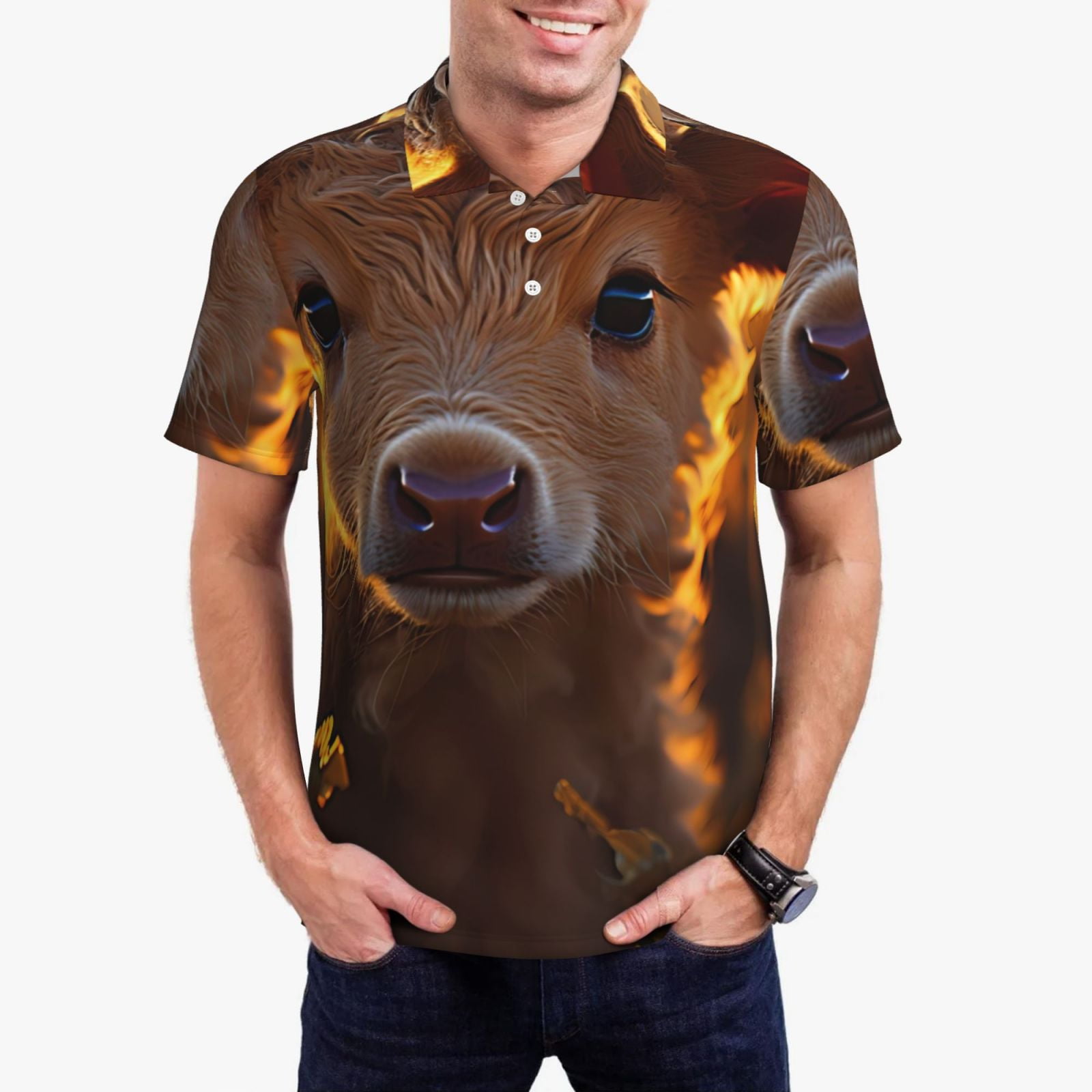 Susaid Sunset Sunflower Cow Print Men's Short Sleeve Polo Shirt, Golf ...