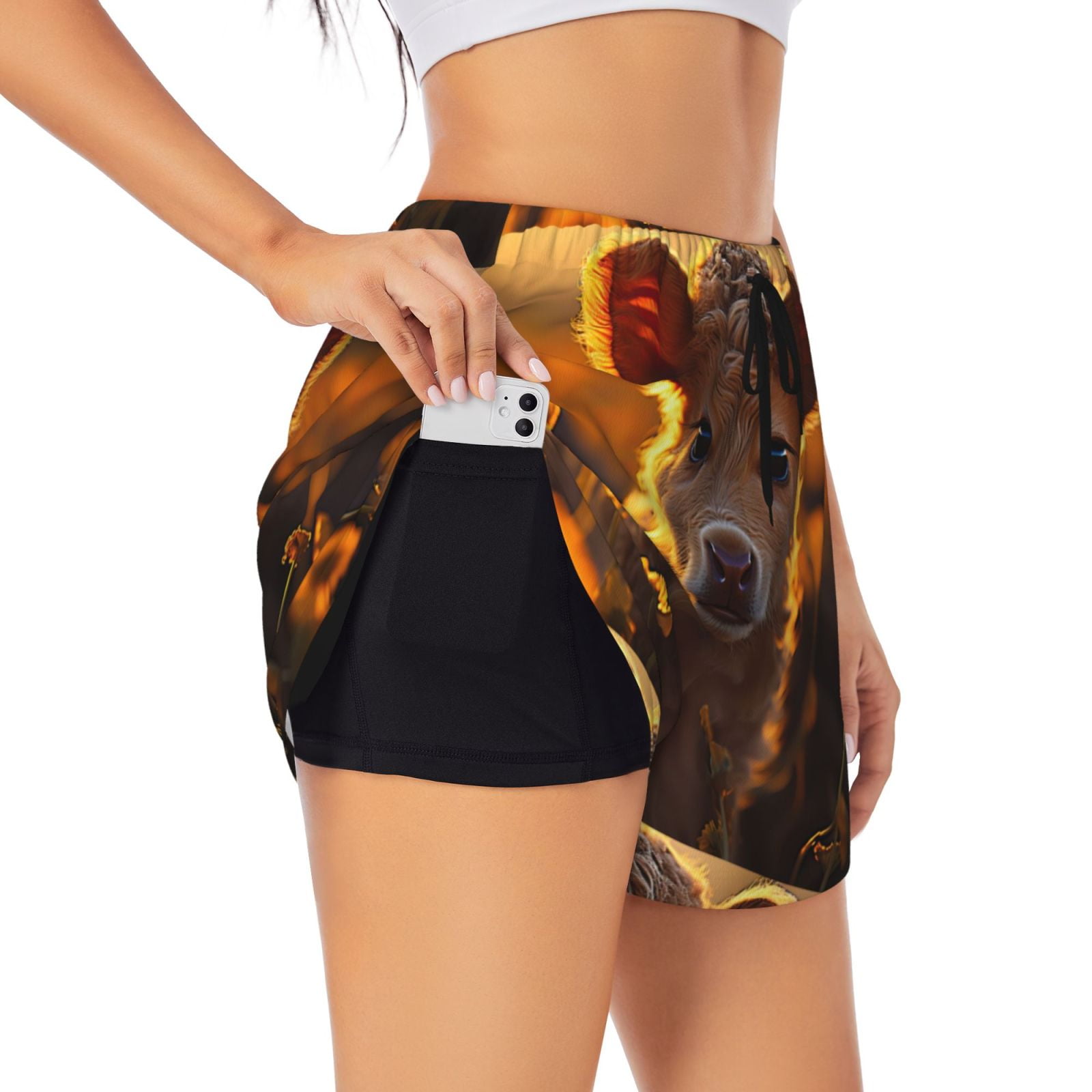 Susaid Sunset Sunflower Cow Print Women's High Waisted Running Shorts Quick Dry Athletic Gym ...