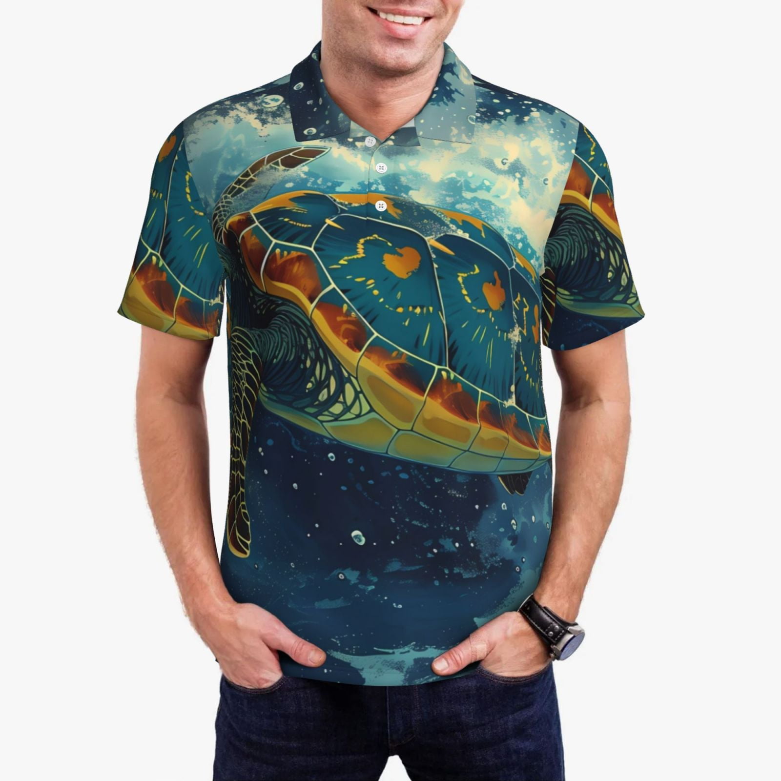 Susaid Surfing Turtle Print Men's Short Sleeve Polo Shirt, Golf Shirts ...
