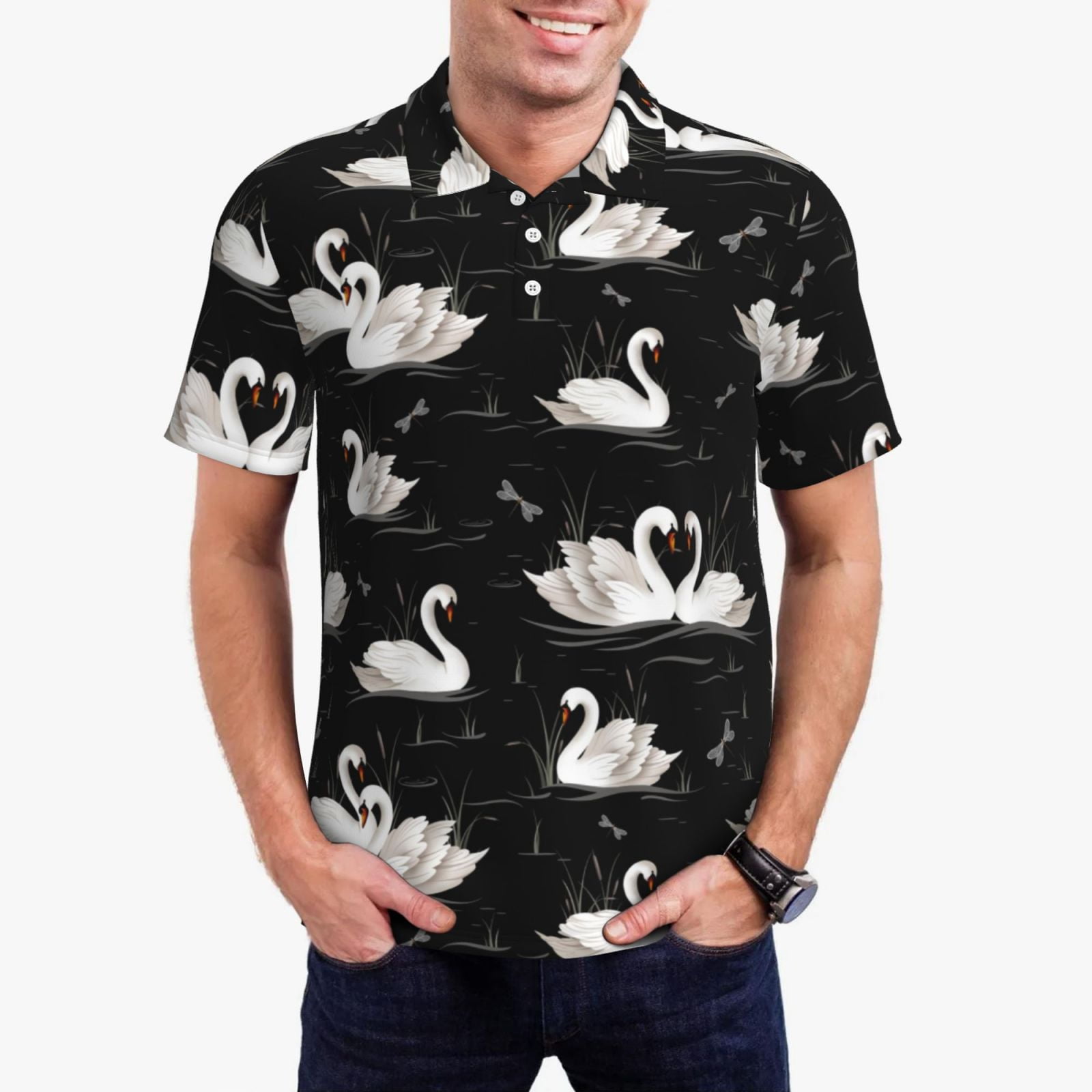 Susaid Swan And Dragonflies Print Men's Short Sleeve Polo Shirt, Golf ...