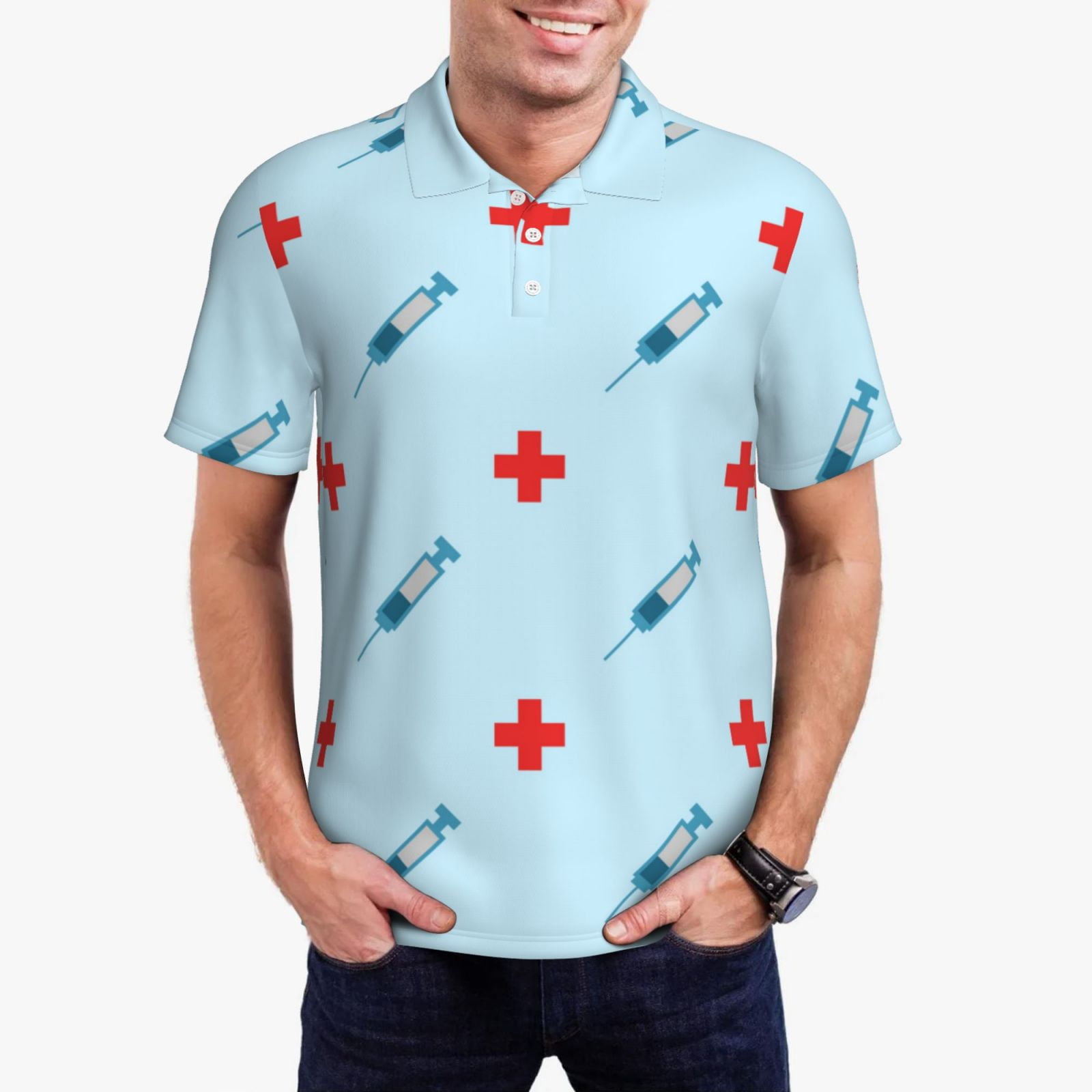 Susaid Syringe And Red Cross Print Men's Short Sleeve Polo Shirt, Golf ...