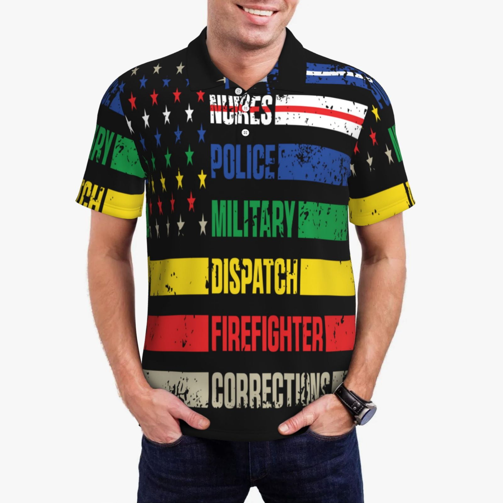 Susaid Thin Green Line With USA Flag Print Men's Short Sleeve Polo ...