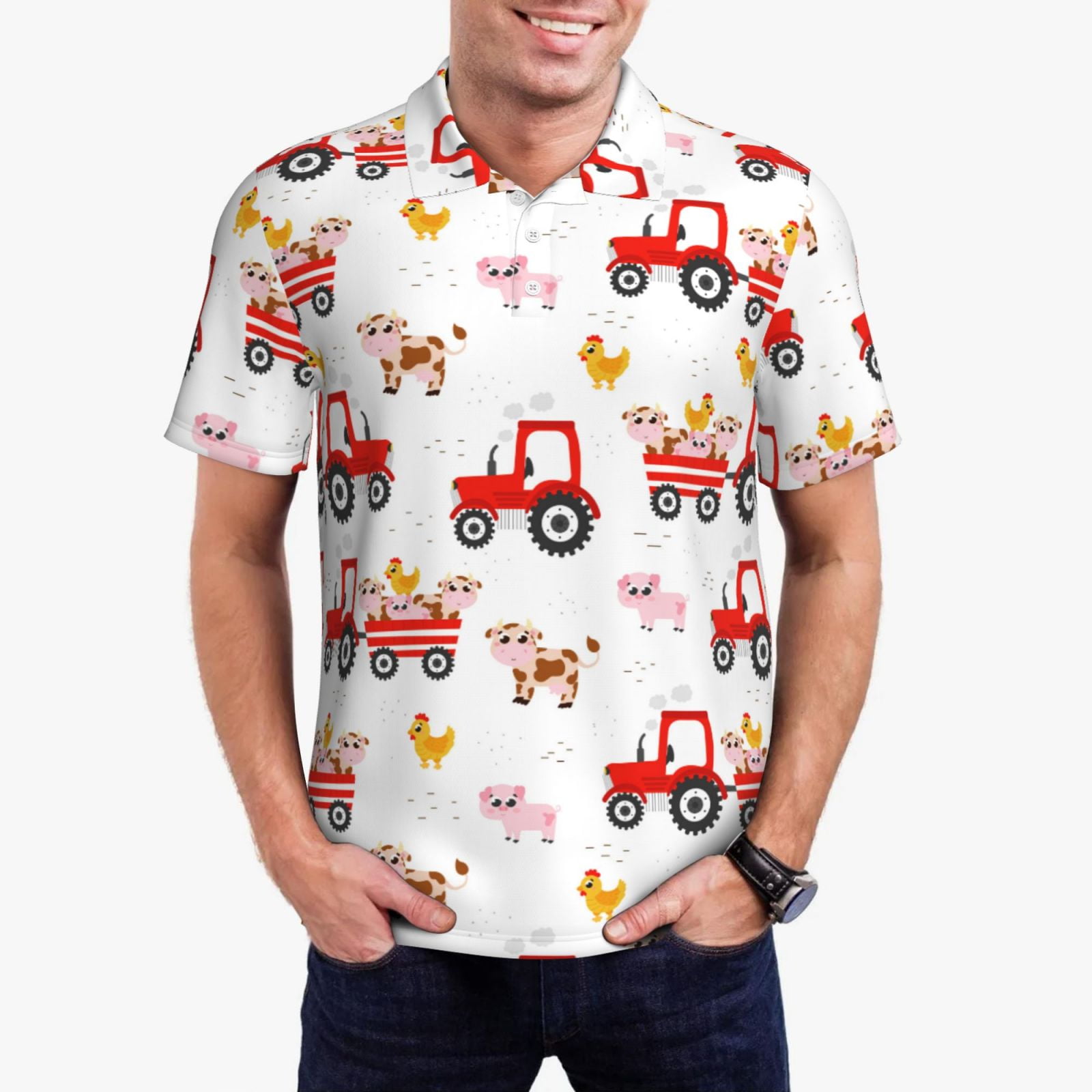 Susaid Tractor With Farm Animals Print Men's Short Sleeve Polo Shirt ...