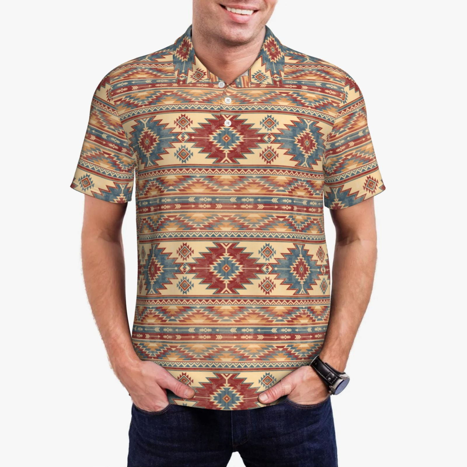 Susaid Traditional Tribal Aztec Print Men's Short Sleeve Polo Shirt ...