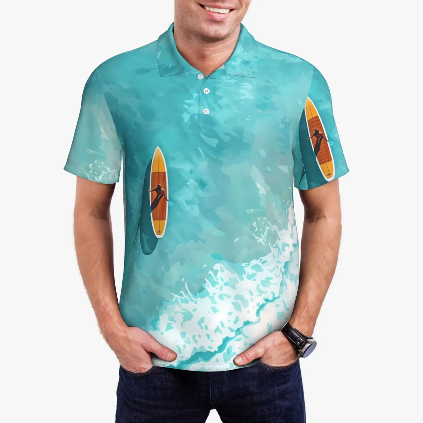 Susaid Tranquil Ocean Canoe Journey Print Men's Short Sleeve Polo Shirt ...