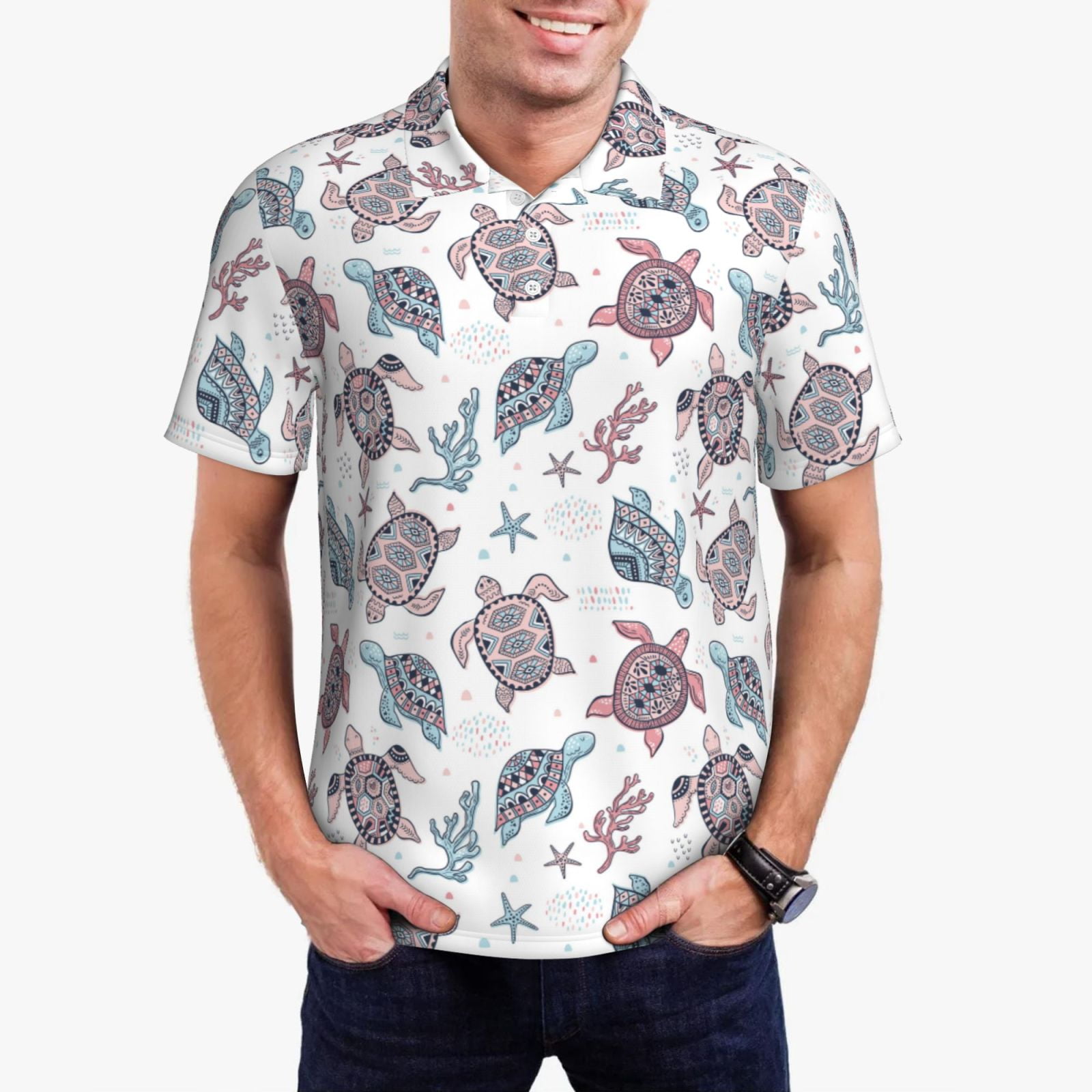 Susaid Tribal Style Turtle Print Men's Short Sleeve Polo Shirt, Golf ...