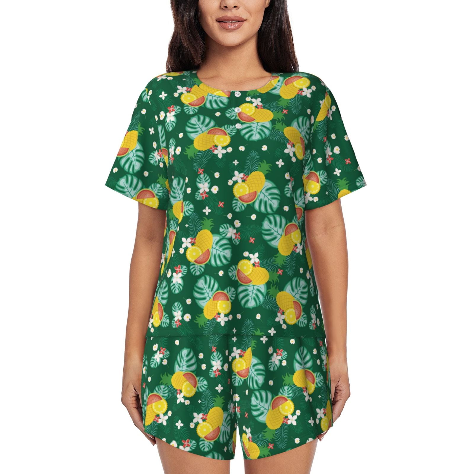 Susaid Tropical Fruit Print Women's Pajama Set, Button-Up Sleepwear ...