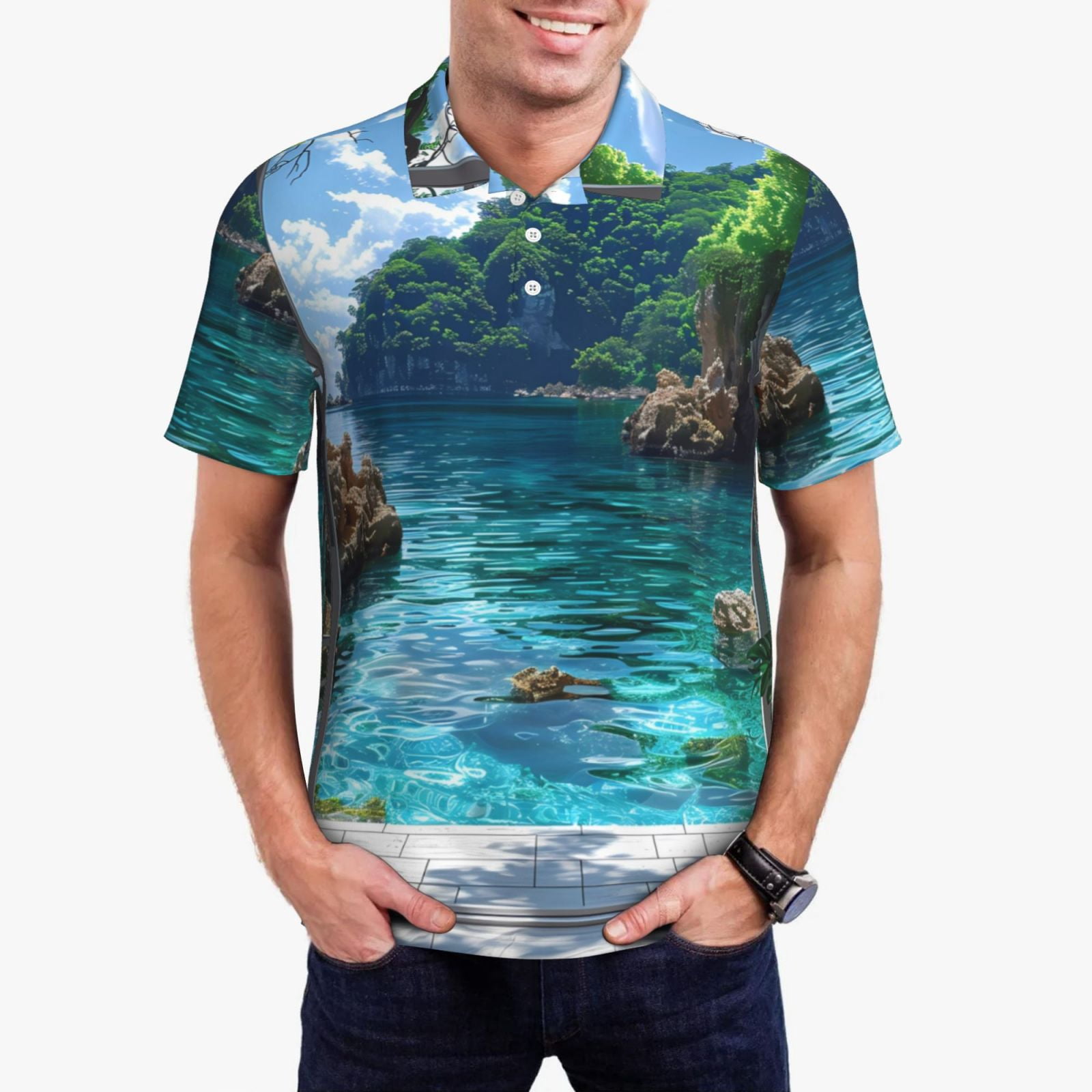 Susaid Tropical Paradise Window View Print Men's Short Sleeve Polo ...