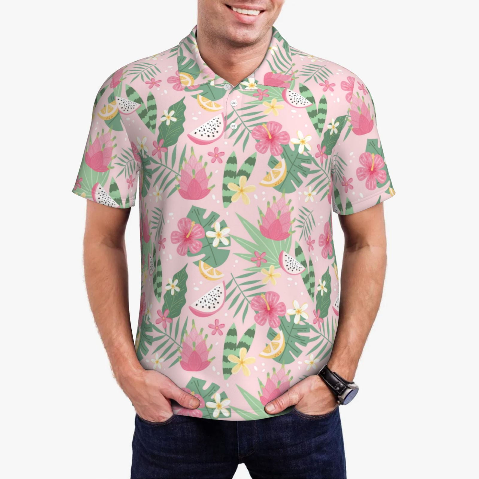 Susaid Tropical Pitaya Print Men's Short Sleeve Polo Shirt, Golf Shirts ...