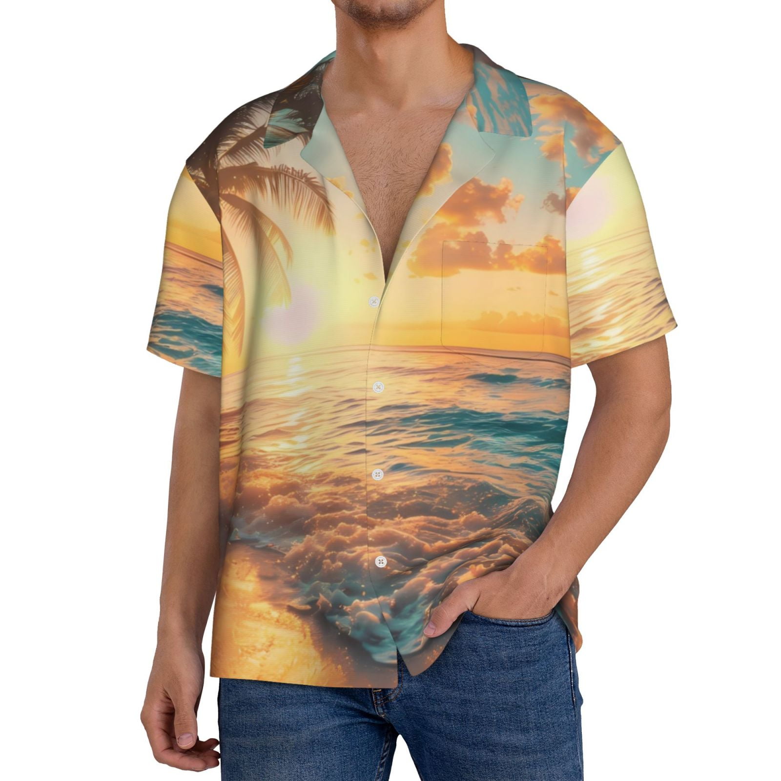 Susaid Tropical Sunset Beach Scene Print Men's Polo Shirts Button Down ...