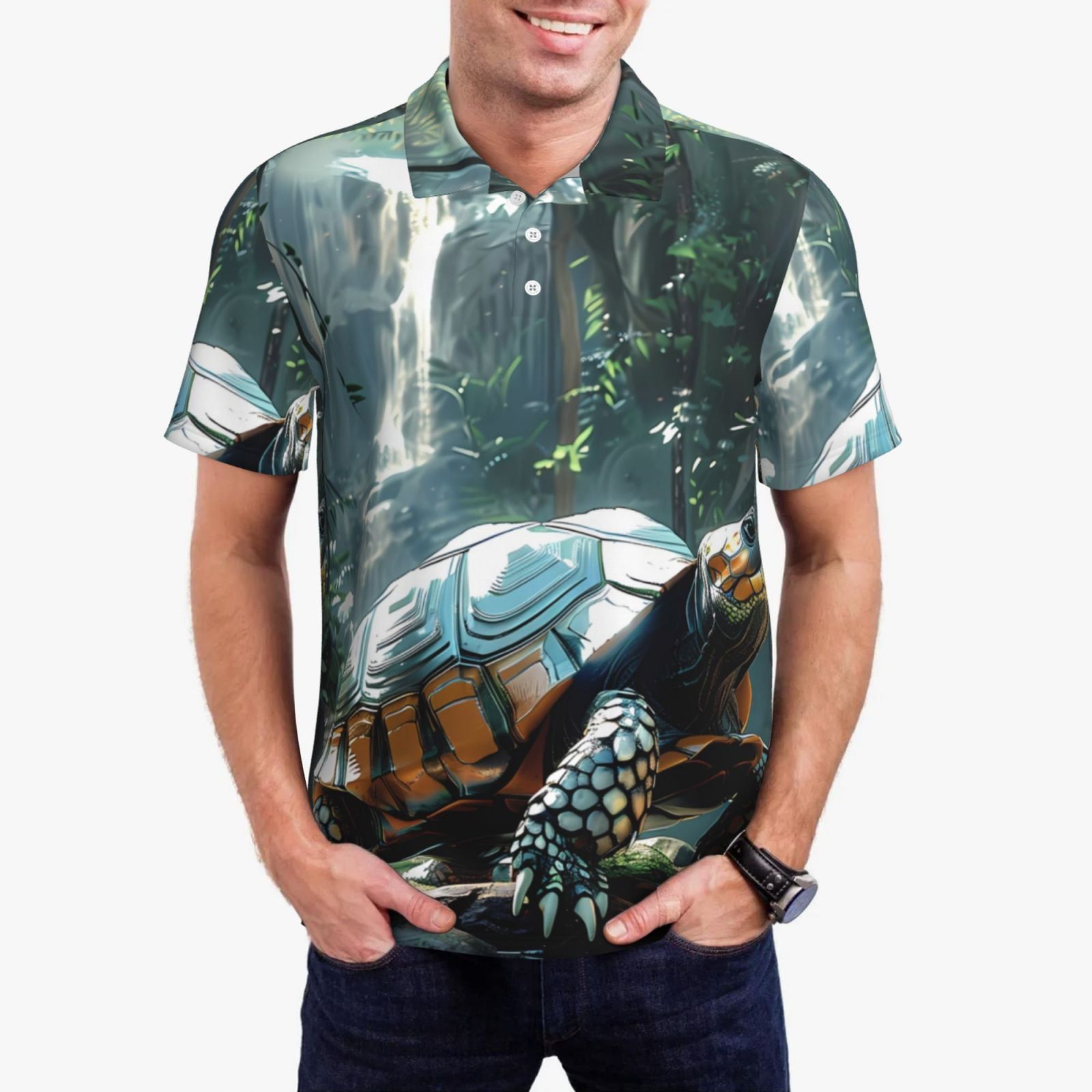 Susaid Turtle In Jungle Waterfall Print Men's Short Sleeve Polo Shirt ...