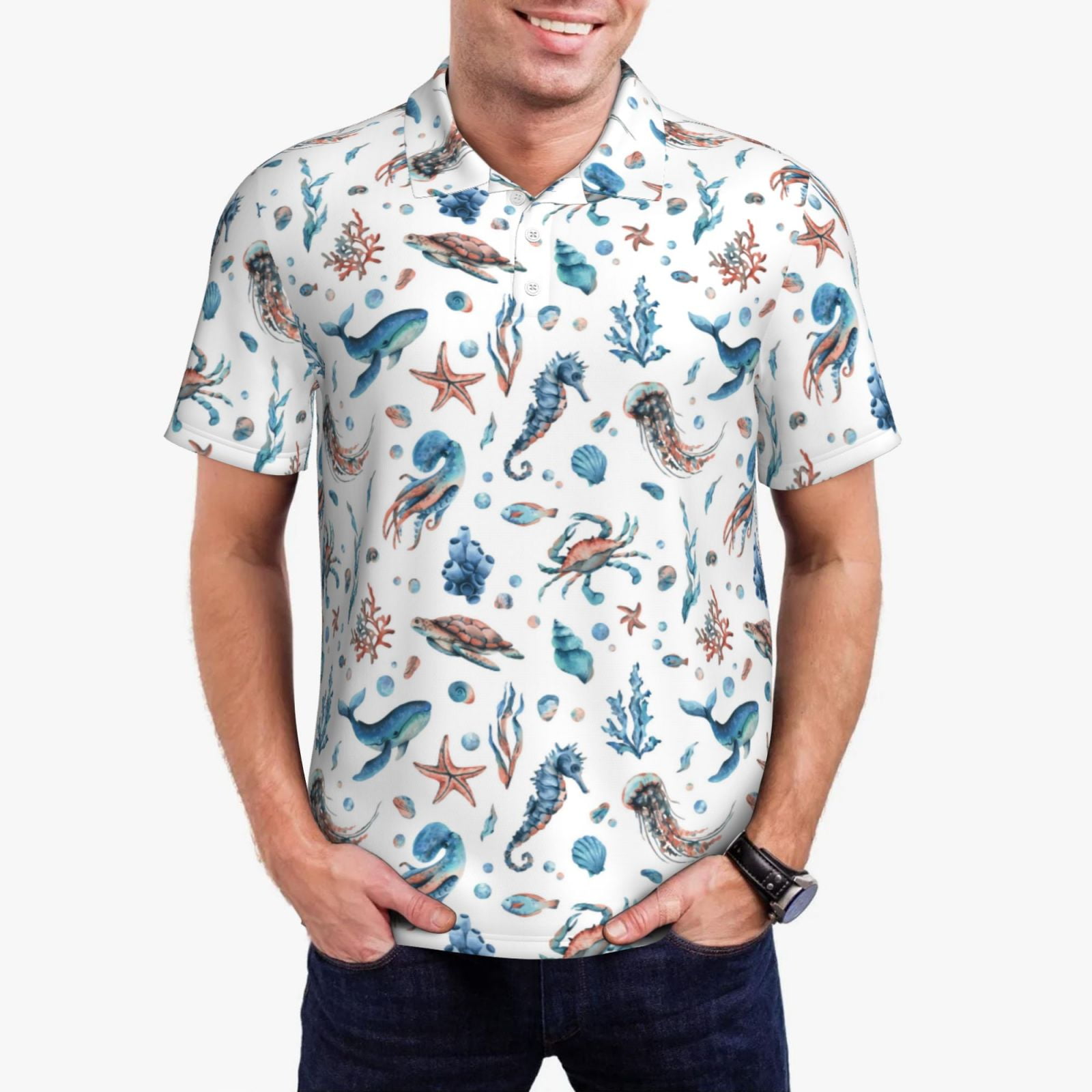 Susaid Undersea Animals Print Men's Short Sleeve Polo Shirt, Golf ...