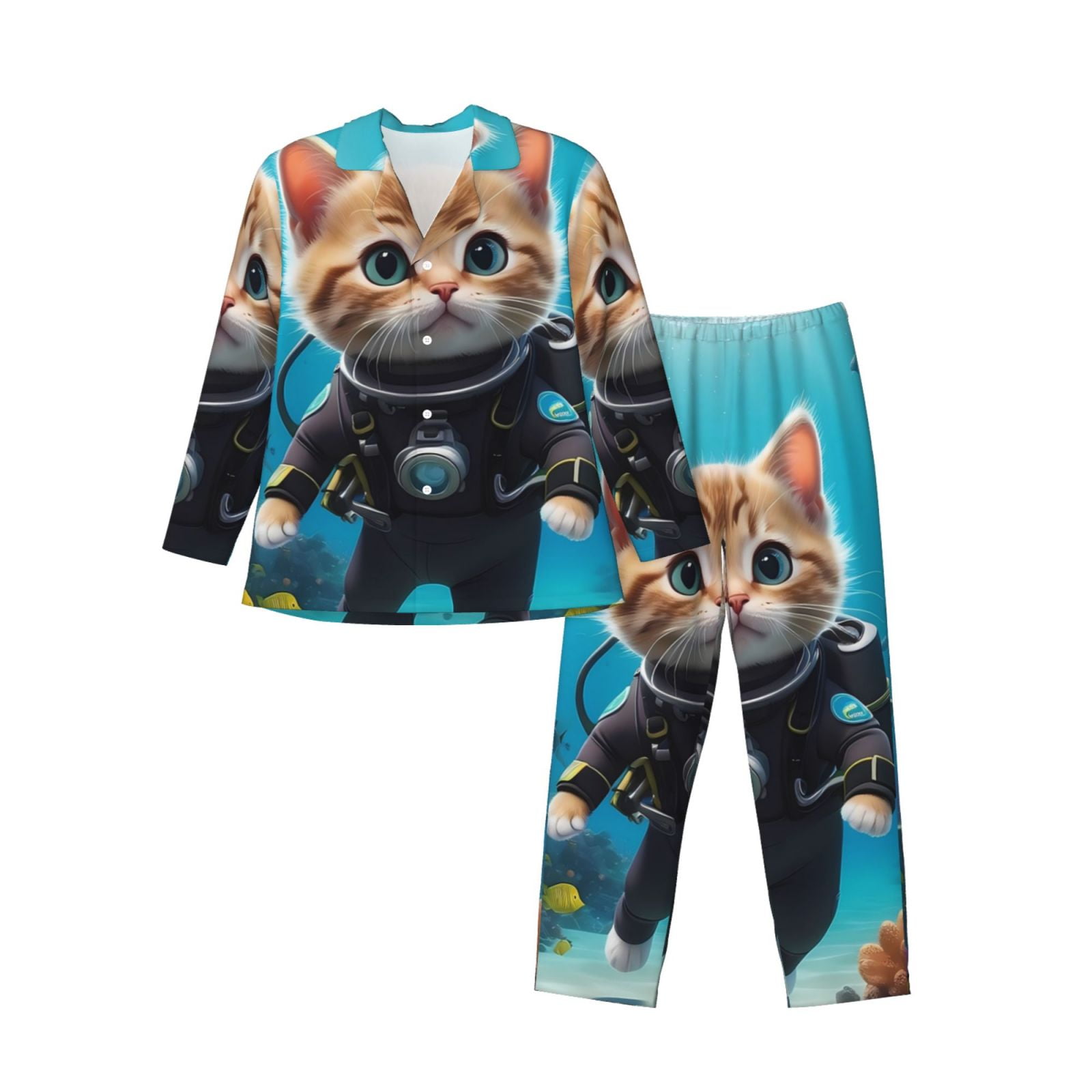 Susaid Underwater Diving Cat Print Men's Long Sleeve Pajama Set, Two ...