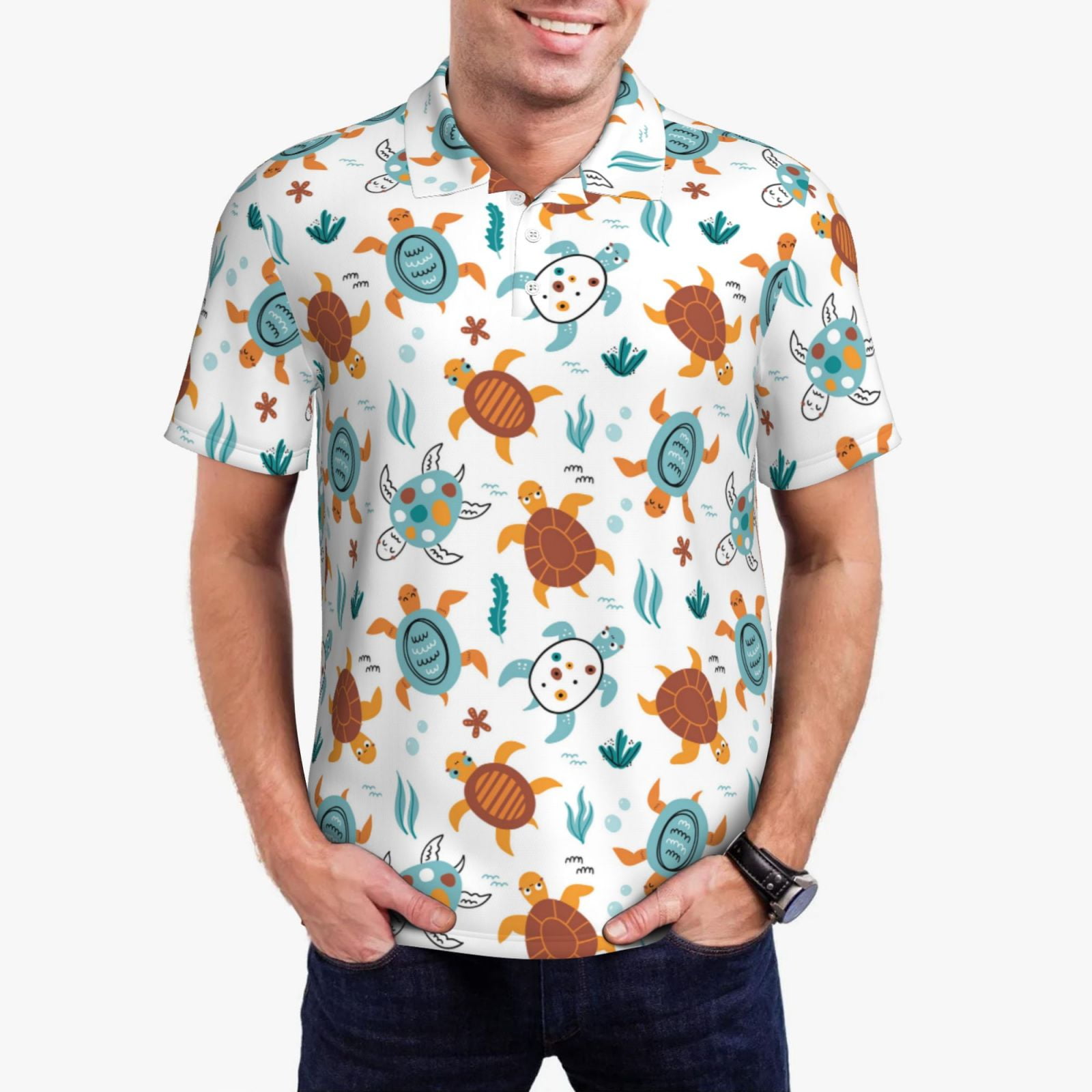 Susaid Various Turtle Print Men's Short Sleeve Polo Shirt, Golf Shirts ...