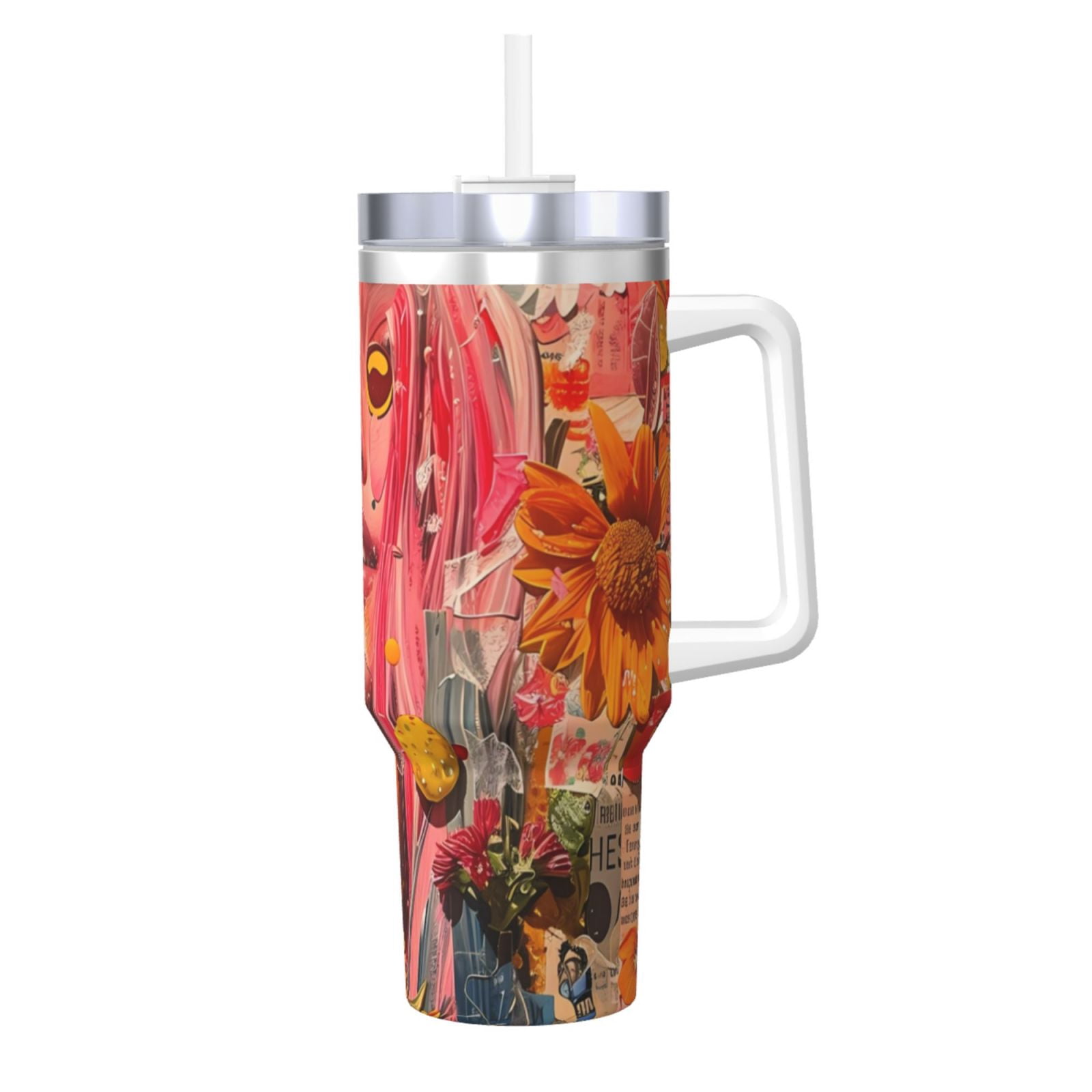 Susaid Vibrant Floral Collage Portrait Print Indoor Outdoor Straw Lid ...