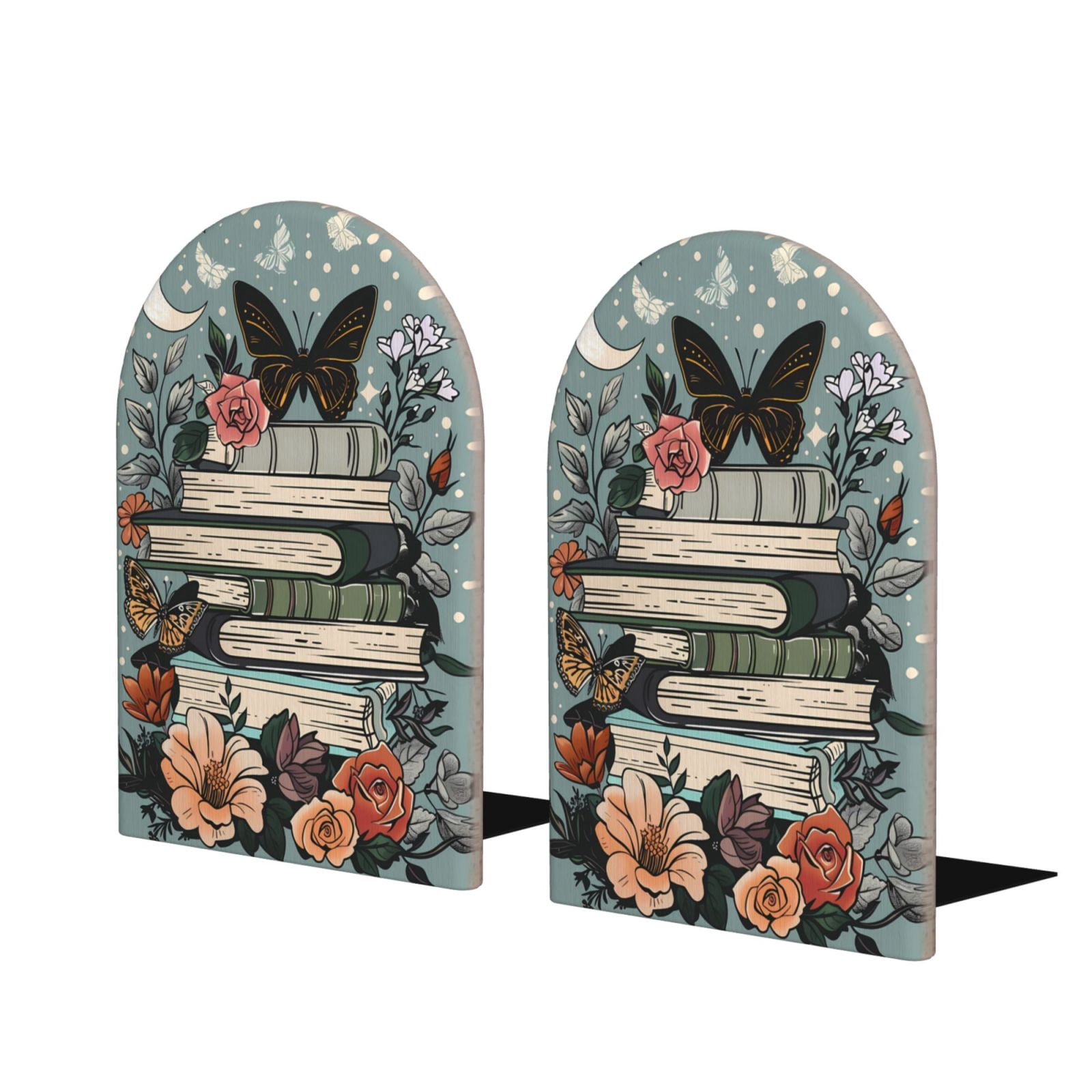 Susaid Vintage Art Butterfly Flower Print Wooden Bookends Decorative ...