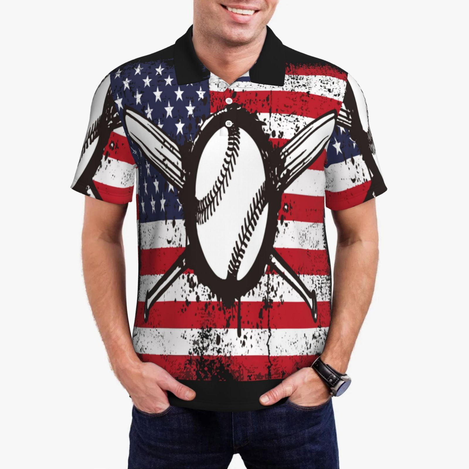 Susaid Vintage Baseball American Flag Print Men's Short Sleeve Polo ...