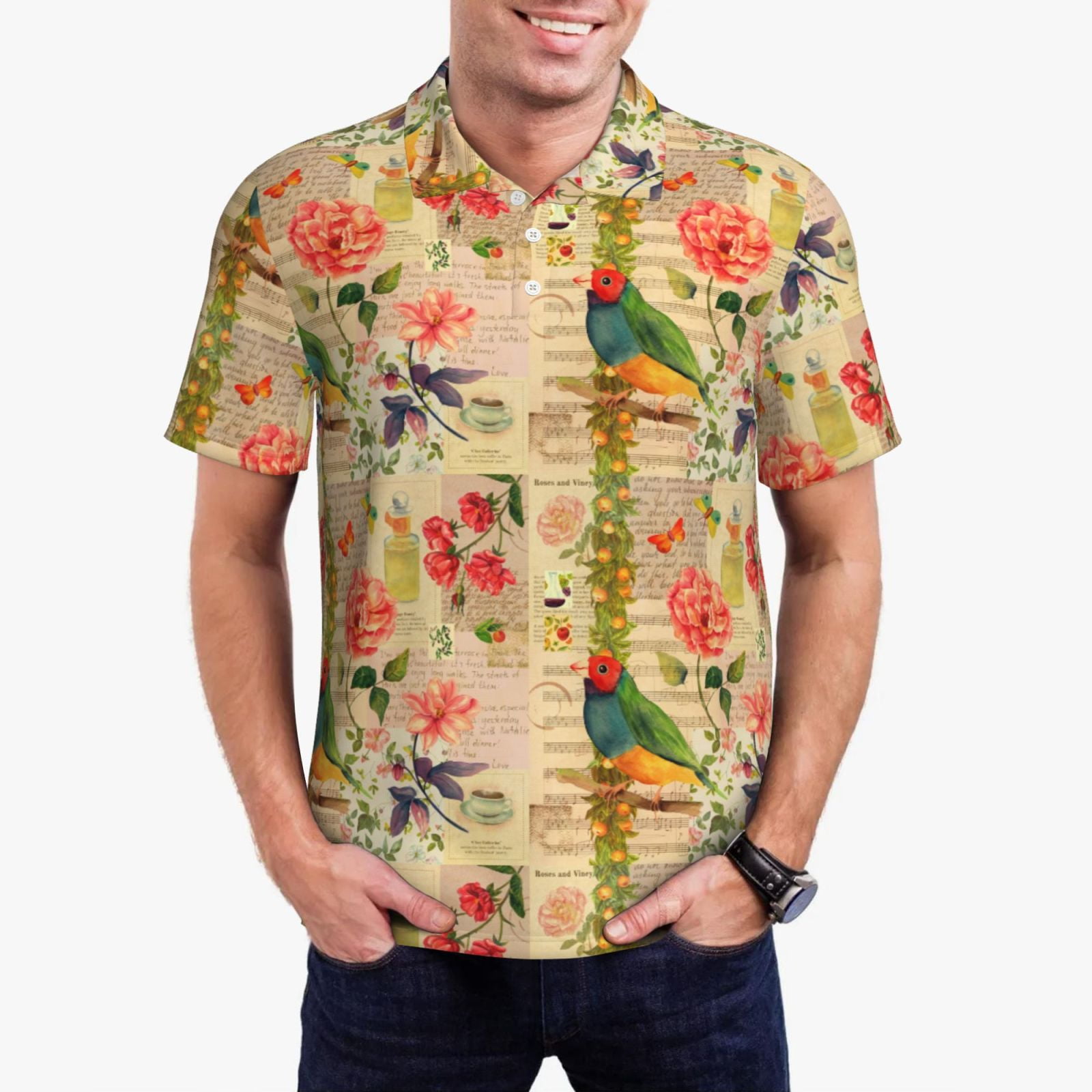 Susaid Vintage Bird Print Men's Short Sleeve Polo Shirt, Golf Shirts ...