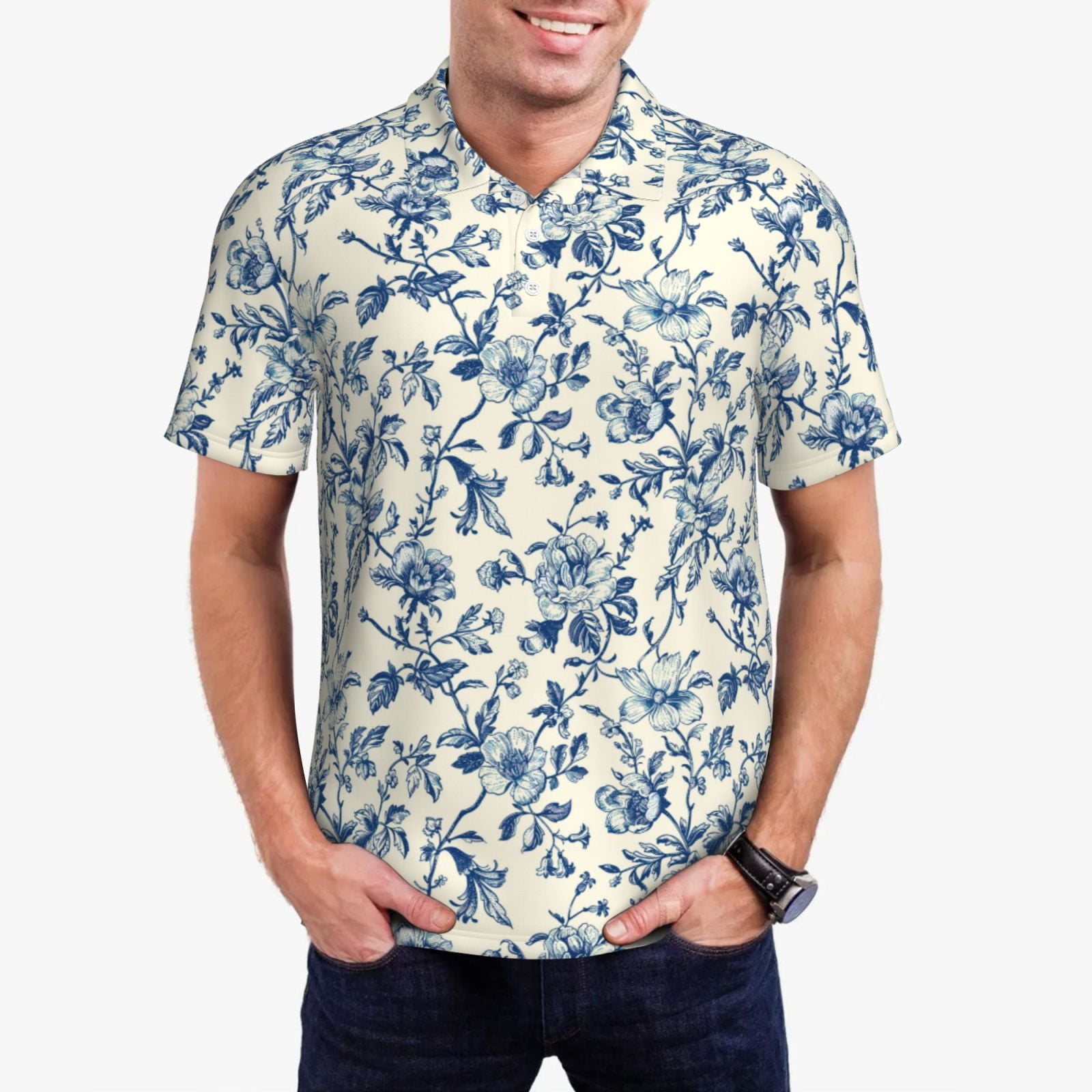 Susaid Vintage Blue Floral Print Men's Short Sleeve Polo Shirt, Golf ...