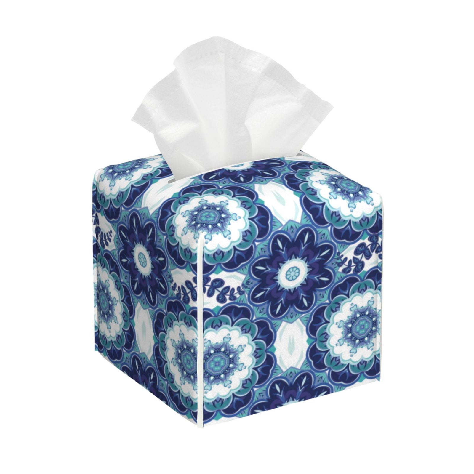 Susaid Vintage Blue Print PU Leather Tissue Box Cover, Square ...