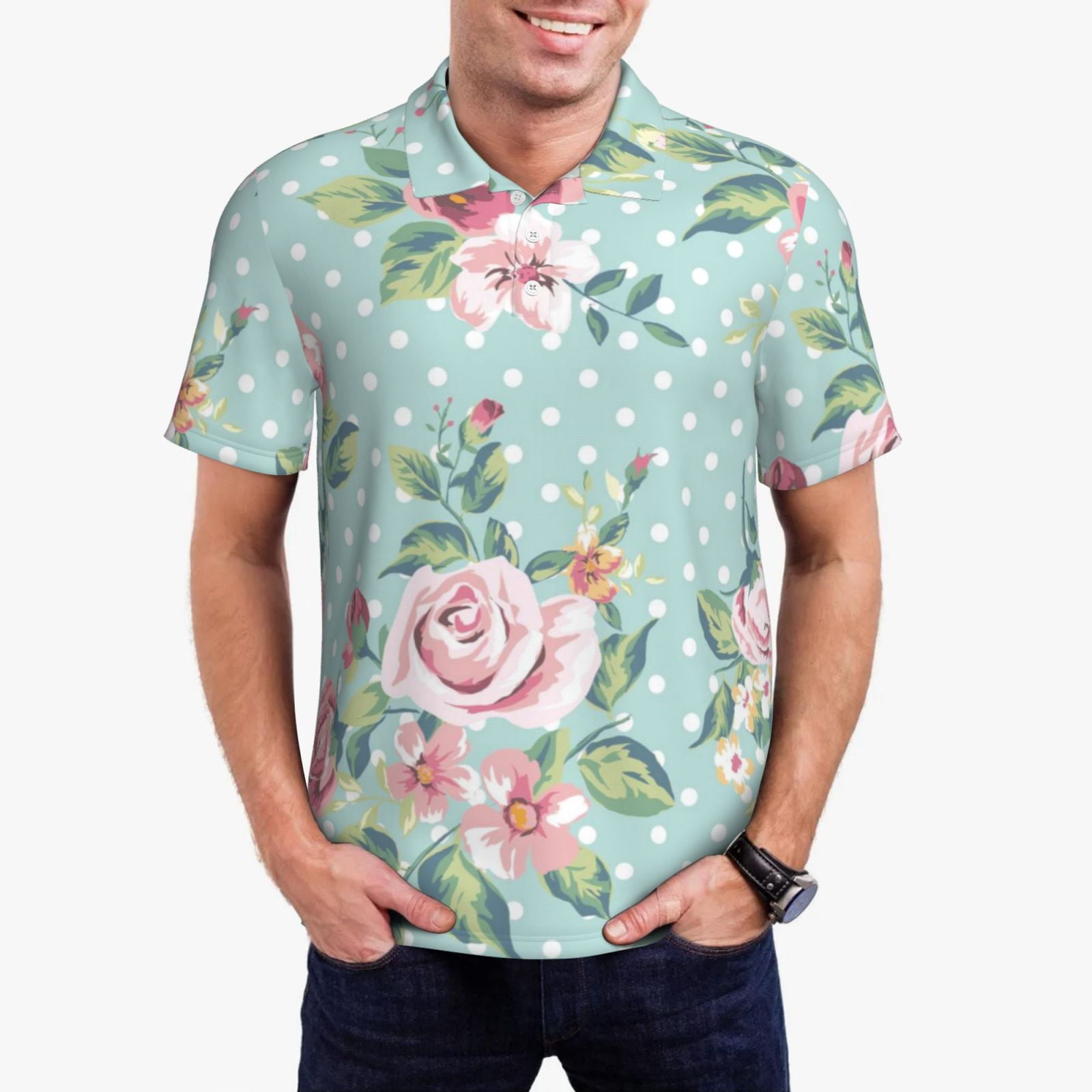 Susaid Vintage Floral Print Men's Short Sleeve Polo Shirt, Golf Shirts ...