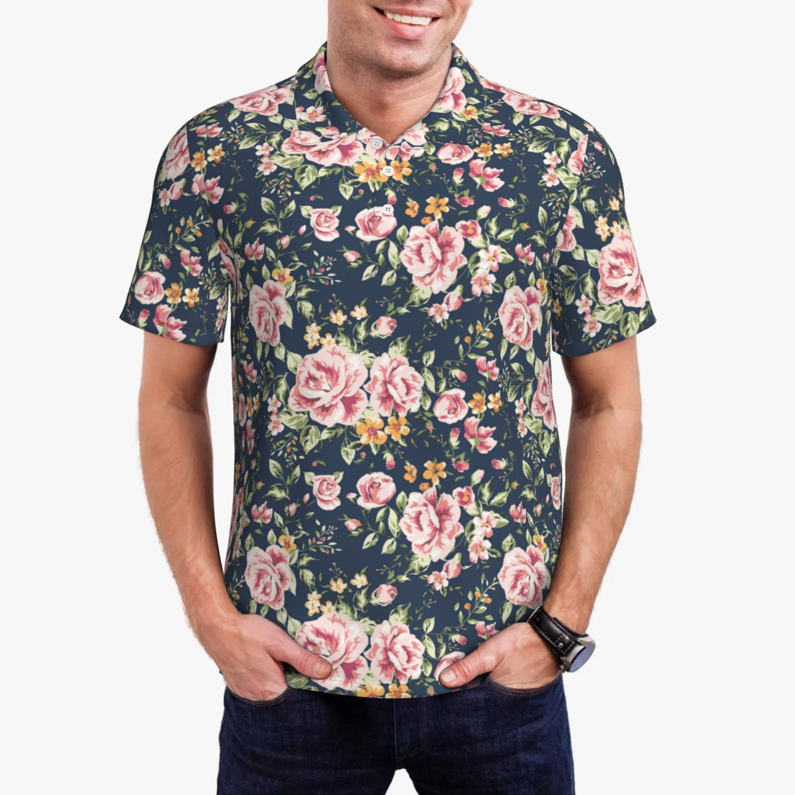 Susaid Vintage Floral Print Men's Short Sleeve Polo Shirt, Golf Shirts ...
