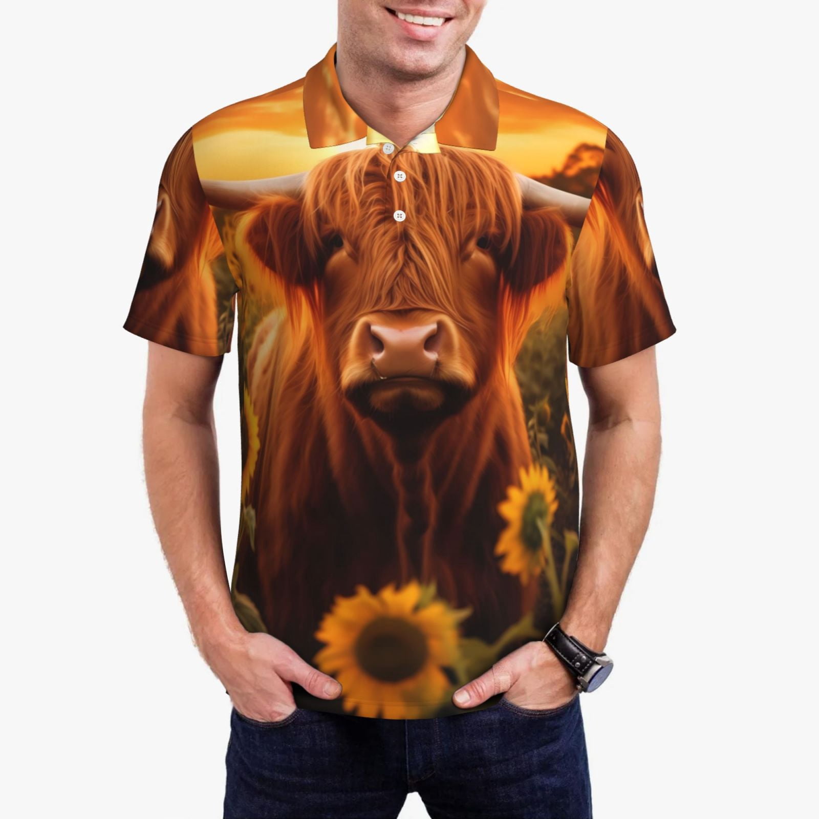Susaid Vintage Sunflower Cow B Print Men's Short Sleeve Polo Shirt ...