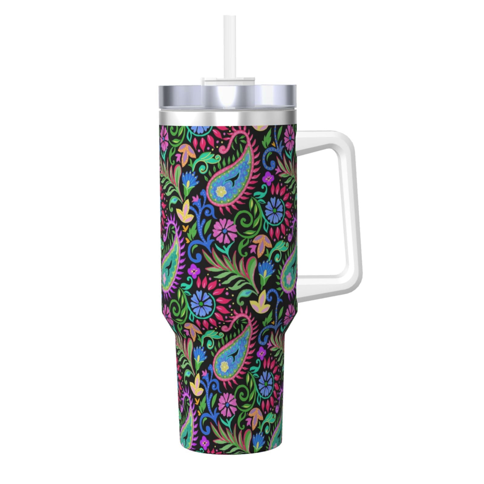 Susaid Watercolor Floral Paisley Print Indoor Outdoor Straw Lid 40oz Ice Bully With Handle ...