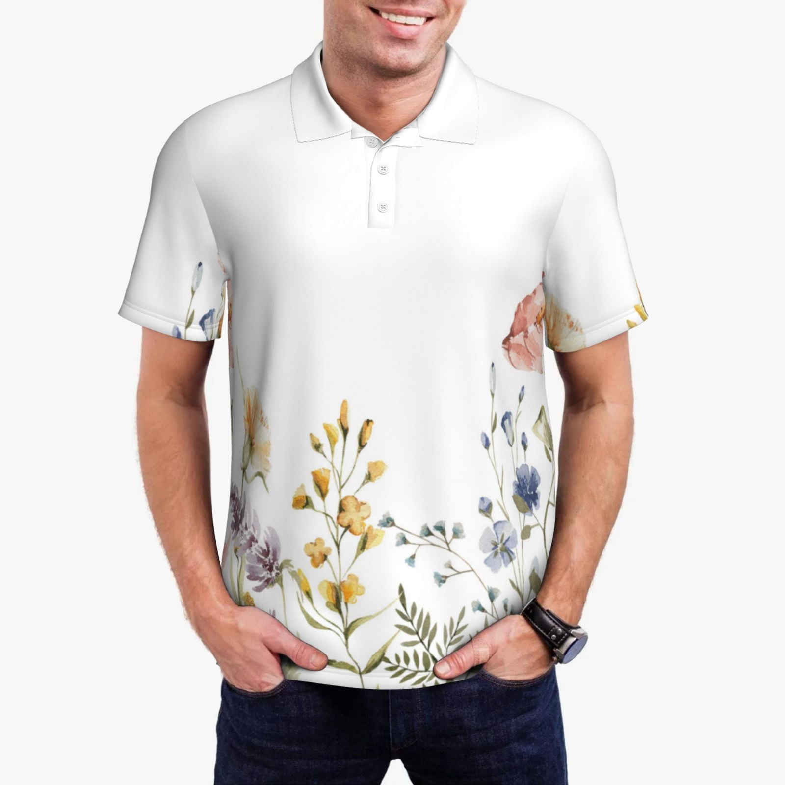 Susaid Watercolor Floral Print Men's Short Sleeve Polo Shirt, Golf ...