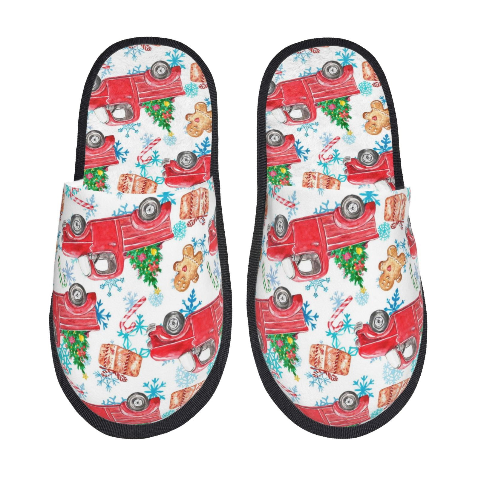 Susaid Watercolor Red Truck And Fir Tree Print Fuzzy Slippers for Women and Men, Warm Anti-Skid ...