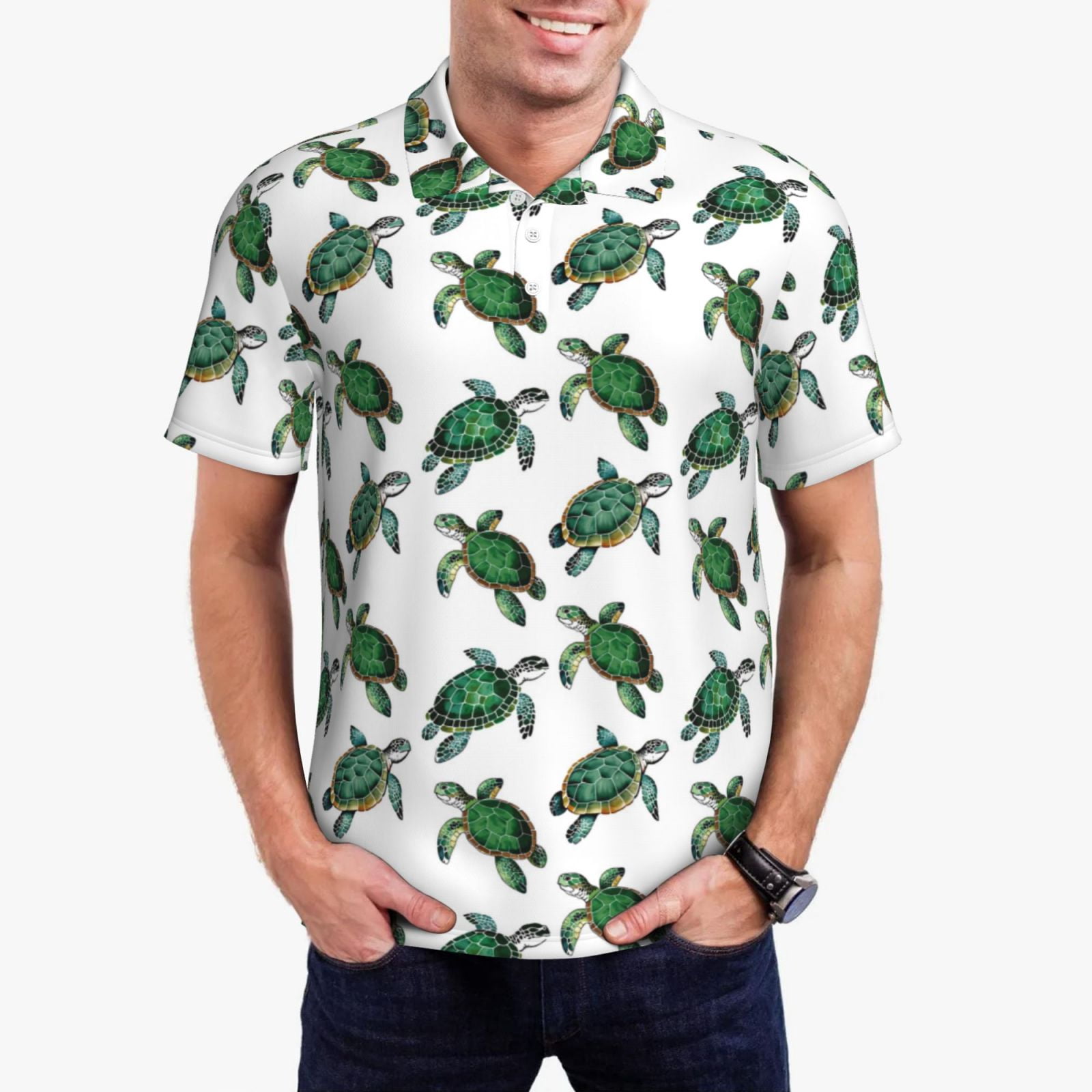 Susaid Watercolor Turtle Print Men's Short Sleeve Polo Shirt, Golf ...
